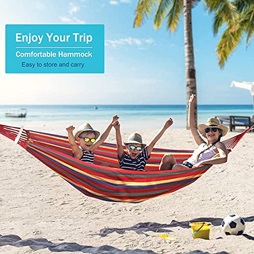 Outerman 275 x 155 cm Camping Hammock, Hammocks Thickened Durable Canvas Fabric with 550lb Load Capacity, Two Anti Roll Balance Beam and Sturdy Metal Knot Tree Straps for Travel, Beach, Backyard etc.