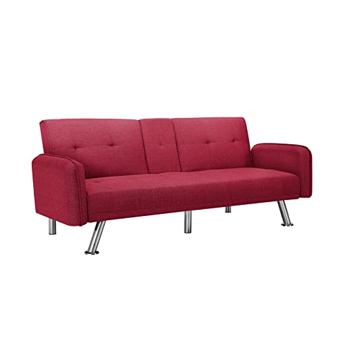 OYN Folding Modern Futon Sofa Loveseat Convertible Sleeper Couch Bed for Living Room Apartment Small Space Furniture Sets with 2 Cup Holders,Metal Legs, Removable Soft Square Armrest,Red