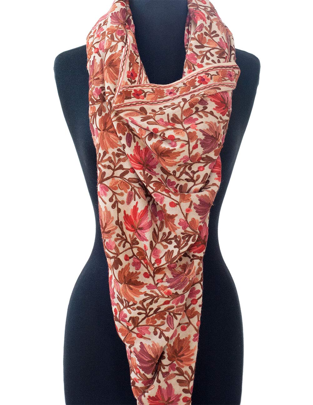 Heirloom Quality. Heavy Embroidered Wool Shawl with Dense Crewel Flowers in Autumnal Colors. Over-sized Wrap.