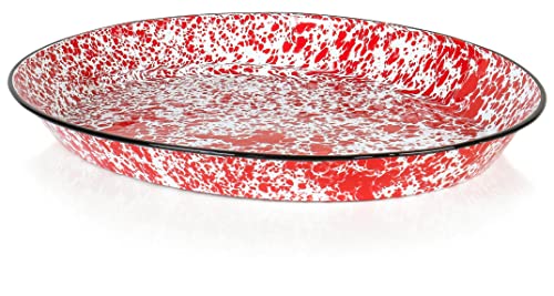 Red Co. Oven Safe Enamelware Metal Classic 16.5” Serving Oval Tray Platter, Red Marble/Black Rim – Splatter Design
