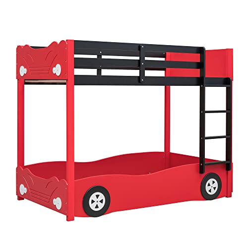 OYN Twin Over Twin Car-Shaped Bunk Bed Frame with Wheels for Children Teens Boys and Girls, Red