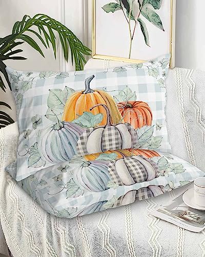 Thanksgiving Pillow Covers Standard Size Set of 2 Bed Pillow, Farmhouse Teal Plaid Fall Pumpkin Maple Leaves Plush Soft Comfort for Hair/ Skin Cooling Pillowcases with Envelop Closure 20''x26''