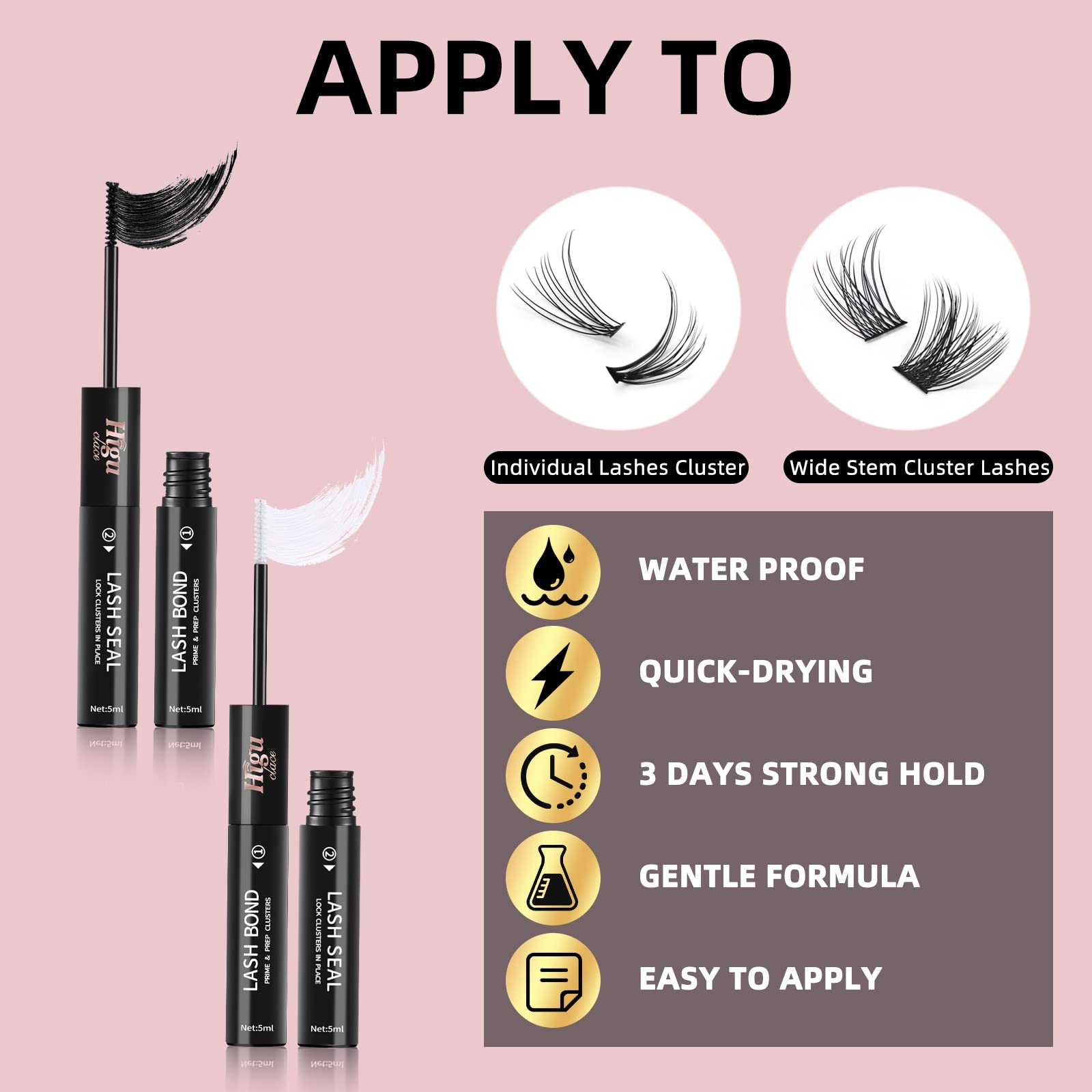 Higu clace Clusters Lashes 140PCS, DIY Eyelash Extensions 3D Fluffy Mixed 10-16mm Lash Bond and Seal, Bond and Seal Lash Glue for All Day Wear Cluster Lash Glue Eyelash Bond and Seal