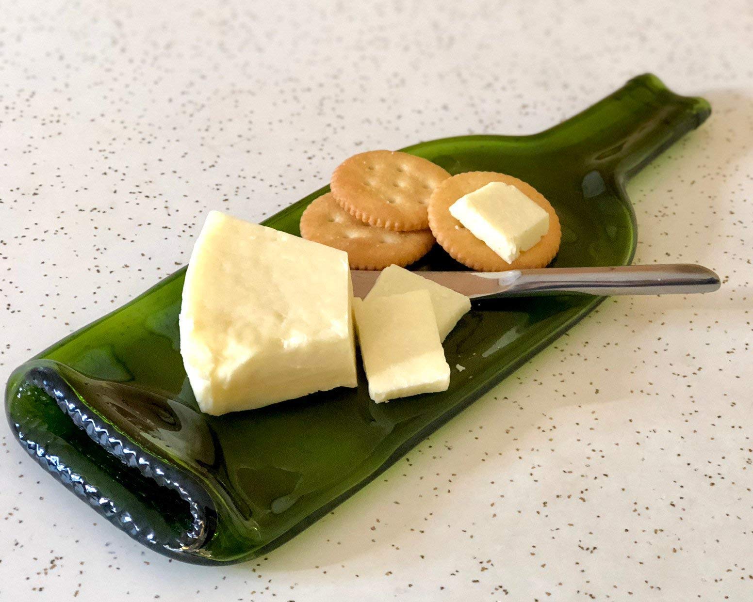 Melted Wine Bottle Cheese Serving Tray with Cheese Spreader and Red Ribbon, Unique Christmas Gift by Mitchell Glassworks