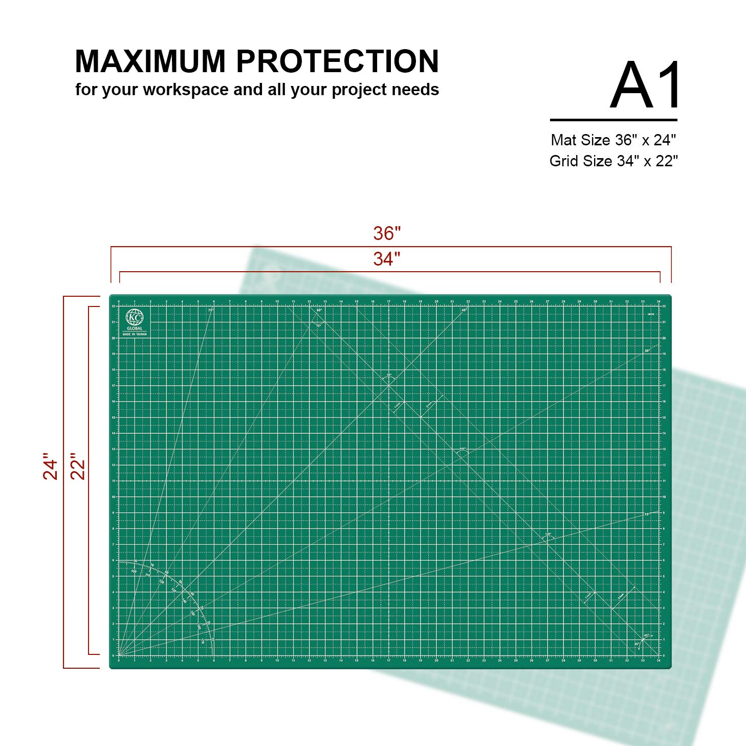 KC GLOBAL A1 (36"x24") Self-Healing Cutting Mat (Dark Green) - Sturdy, Reversible, Eco-Friendly, Non-Slip. Premium Desk Mat for Crafters, Quilters, and Hobbyist