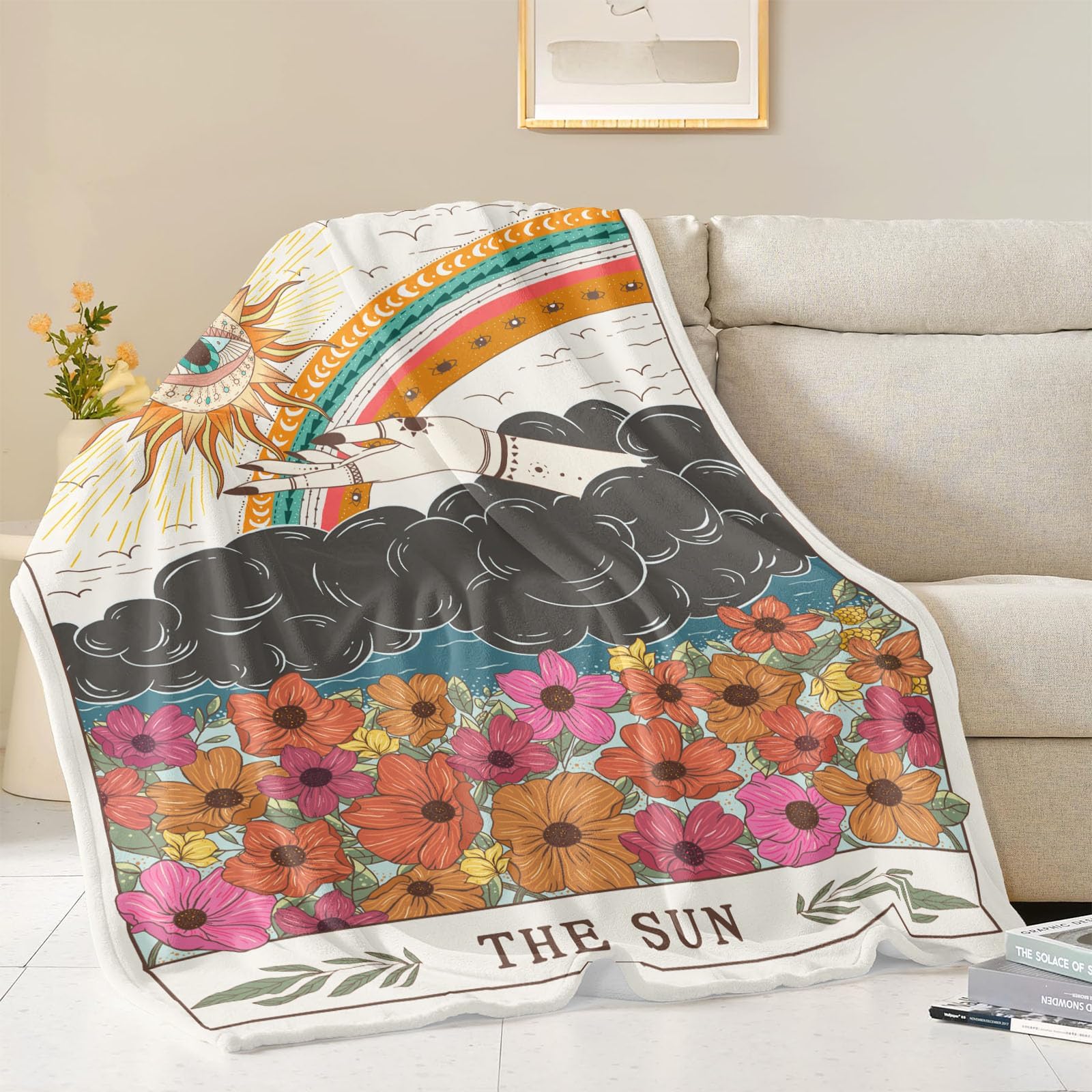 YEXIT Floral The Star Tarot Card Throw Blanket, Boho Zodiac Flower 12 Constellations Pink Cozy Decor Nap Blankets Girls Gift Sofa Bed Couch Chair or Dorm Throws Beige 40×50 inches