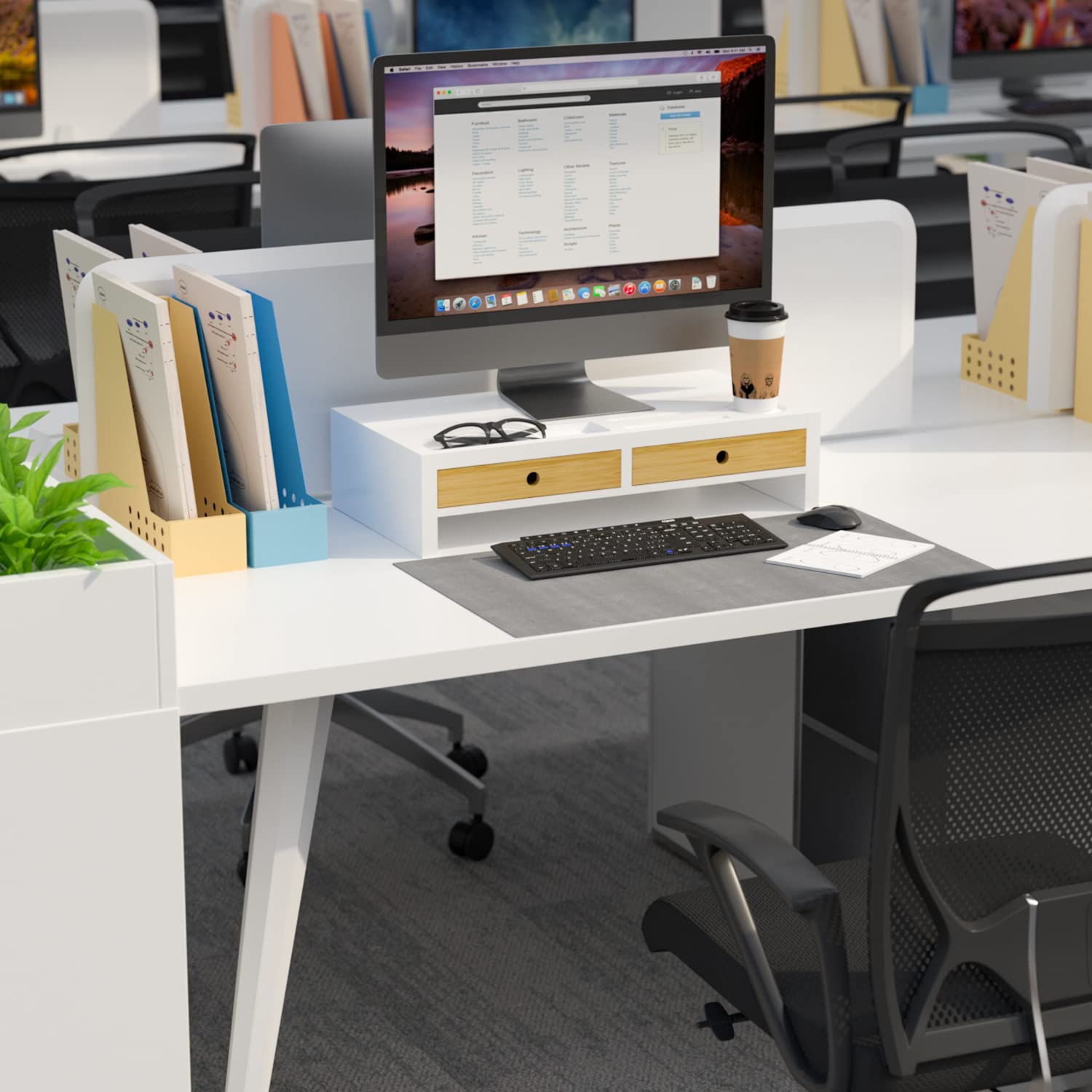 Monitor Stand Riser with Drawer - White Laptop Stand, Bamboo Desktop Shelf Organizer for Computer, TV, Printer, Office Supplies & Accessories with Phone Holder & Cups Slot, No Assembly Needed