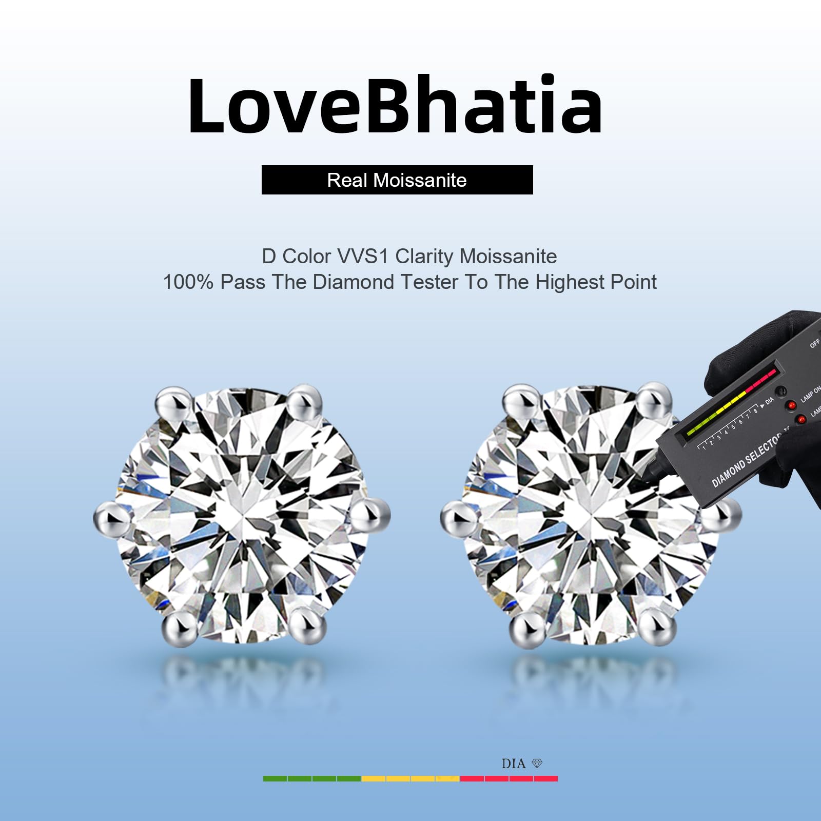 LOVEBHATIA Moissanite Earrings For Women, Lab Created Diamond Studs For Men, 925 Sterling Silver 18k White Gold-Plated Screw Back Round Cut D Color Vvs1 Clarity Diamond Stud Earings