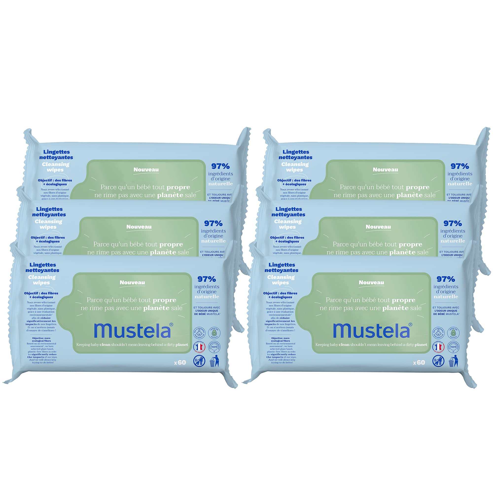 Mustela Baby Cleansing Wipes with Natural Avocado - For Face, Body & Diaper Area - Made with Compostable & Plastic Free Fibers - Lightly Scented - 60 ct. (6-Pack)