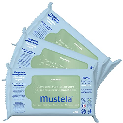 Mustela Baby Cleansing Wipes with Natural Avocado - For Face, Body & Diaper Area - Made with Compostable & Plastic Free Fibers - Lightly Scented - 60 ct. (3-Pack)