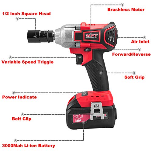 MPT Impact Torque Wrench Cordless, 21V 1/2-inch Brushless Impact Driver with 3.0Ah Li-ion Battery Fast Charger, 250 Ft-lbs(350N.m) Impact Gun/Drill for Car Tires