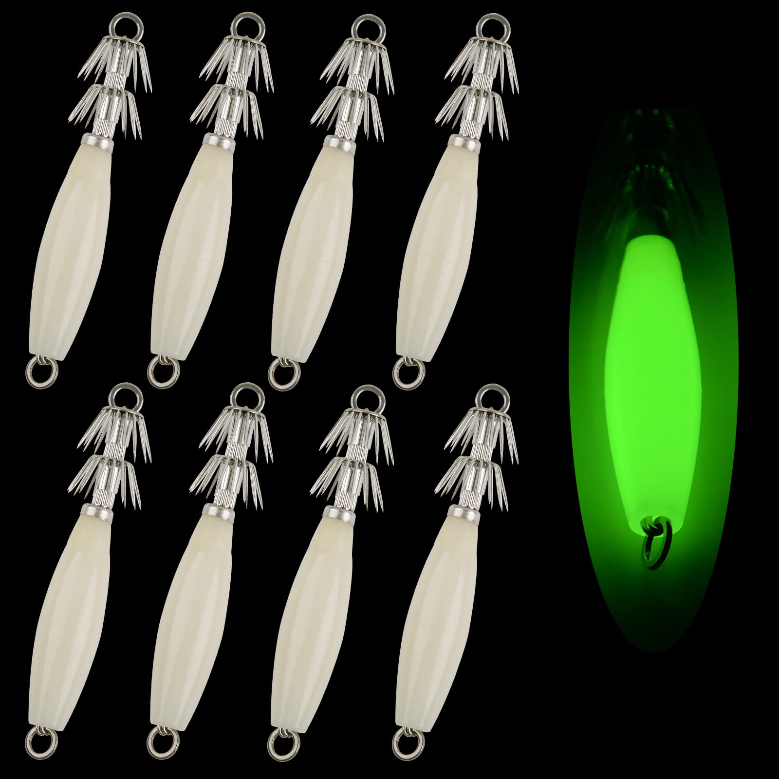 Luminous Squid Jig Hooks 8pcs Glow Squid Jigs Fluorescent Cuttlefish Sleeve Jig Squid Baits Lures Hard Fishing Octopus Lures Set with Tackle Box Saltwater Freshwater