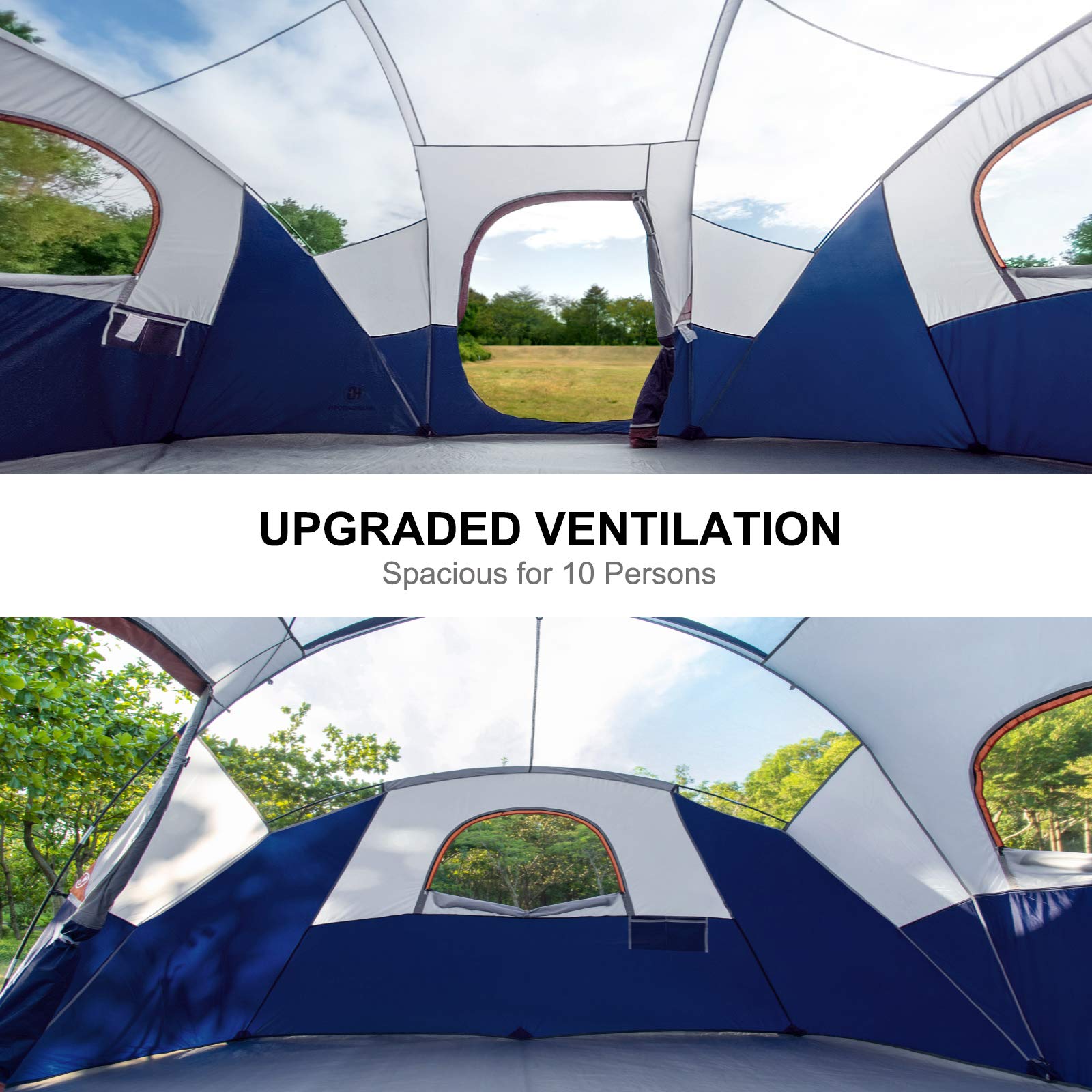 HIKERGARDEN 10 Person Tent for Camping Waterproof, Family Tent, Windproof Fabric, Easy Setup with Large Mesh for Ventilation, Double Layer and Divided Curtain