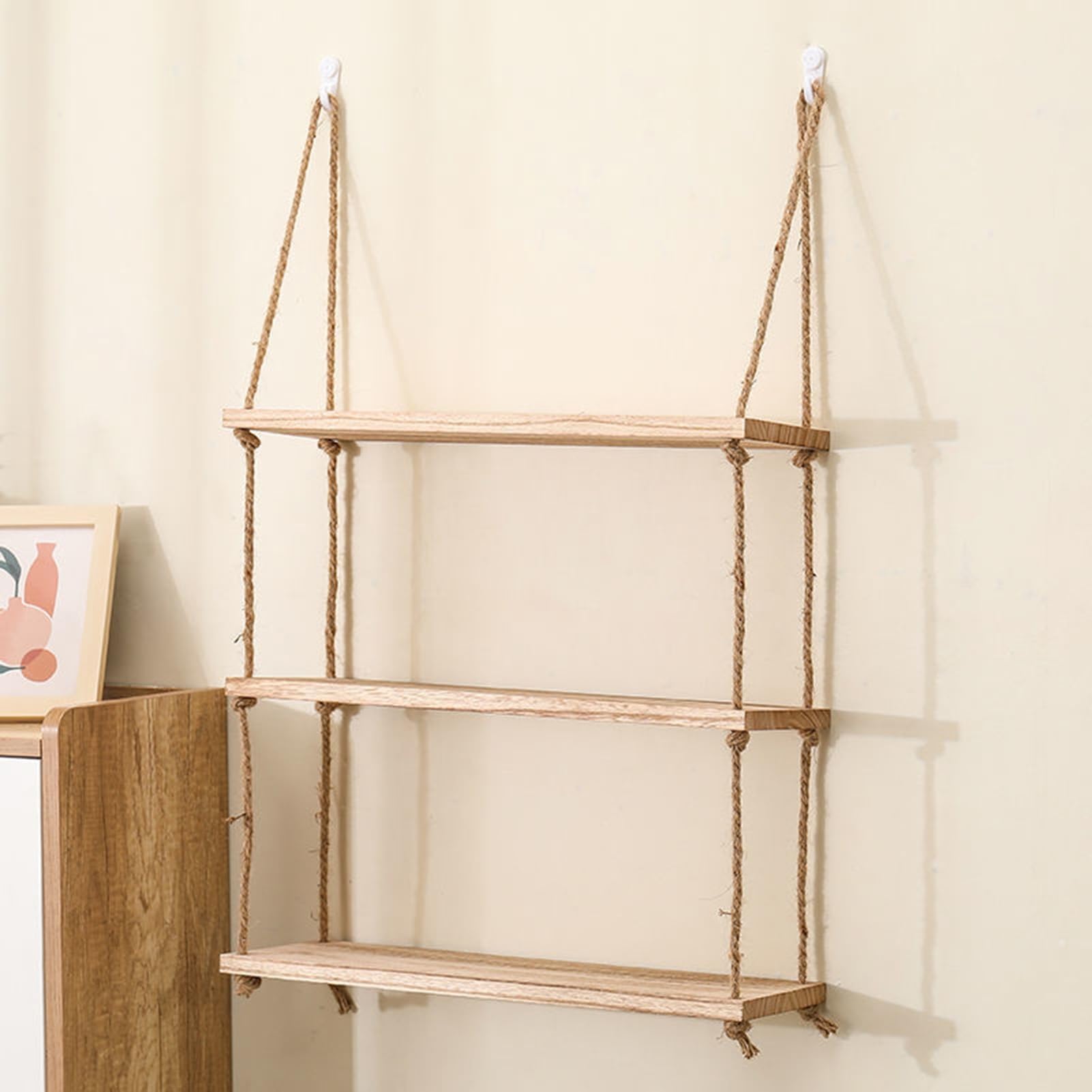 Solid Wood Floating Shelves Rustic Hanging Jute Rope Wooden Shelf Swing Wall Mounted Handmade Decorative Storage Display Rack Plants Photos Decorations Display Home Decor (Color : Warm 3 Layers, Siz