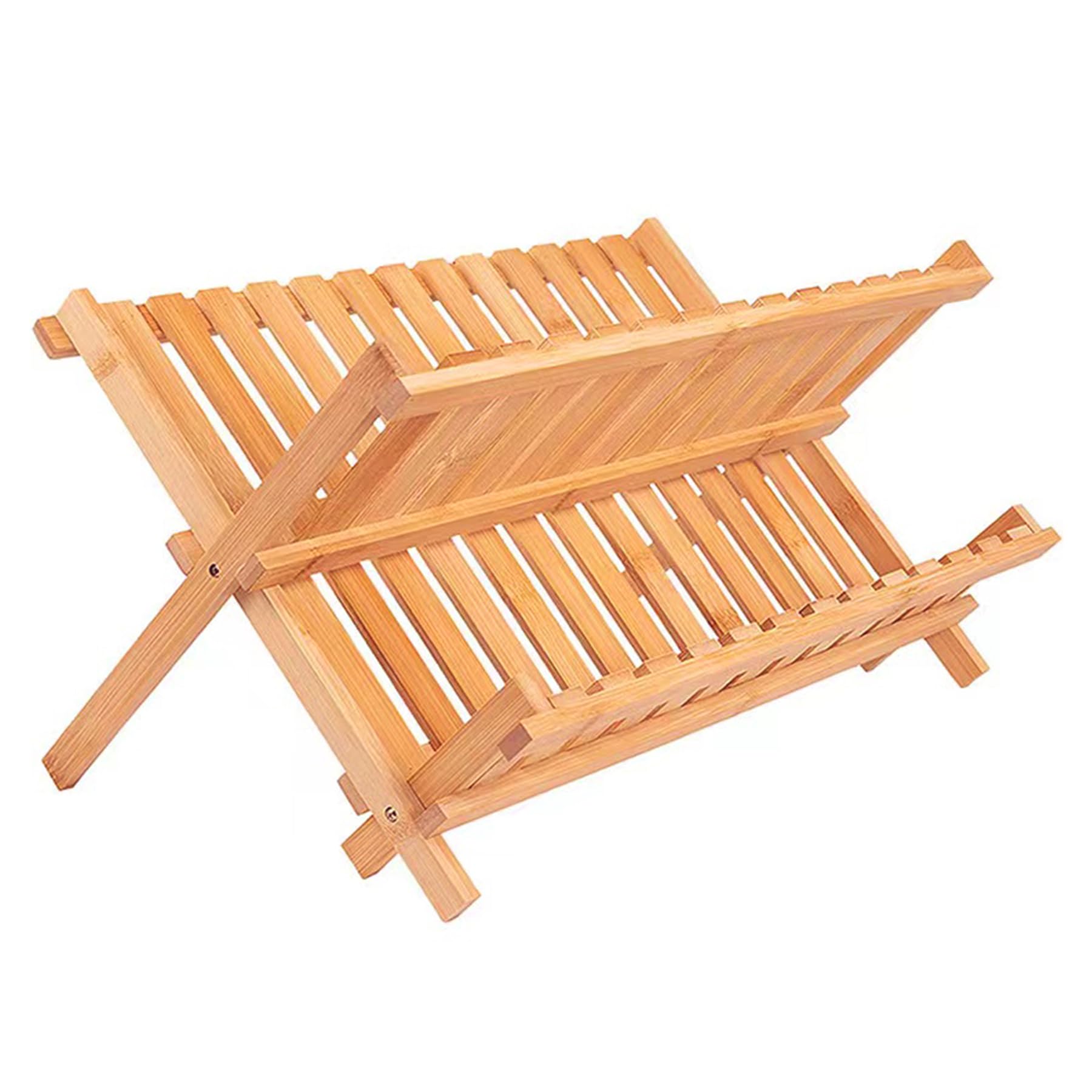 KAEASOUS Bamboo Dish Drying Rack - Large 2 Tier Wooden Dish Drying Rack for Kitchen, Wooden Plate Rack with Foldable Design, Drying Rack for Dishes, Utensils and Cups, Folding Dish Rack for Kitchen
