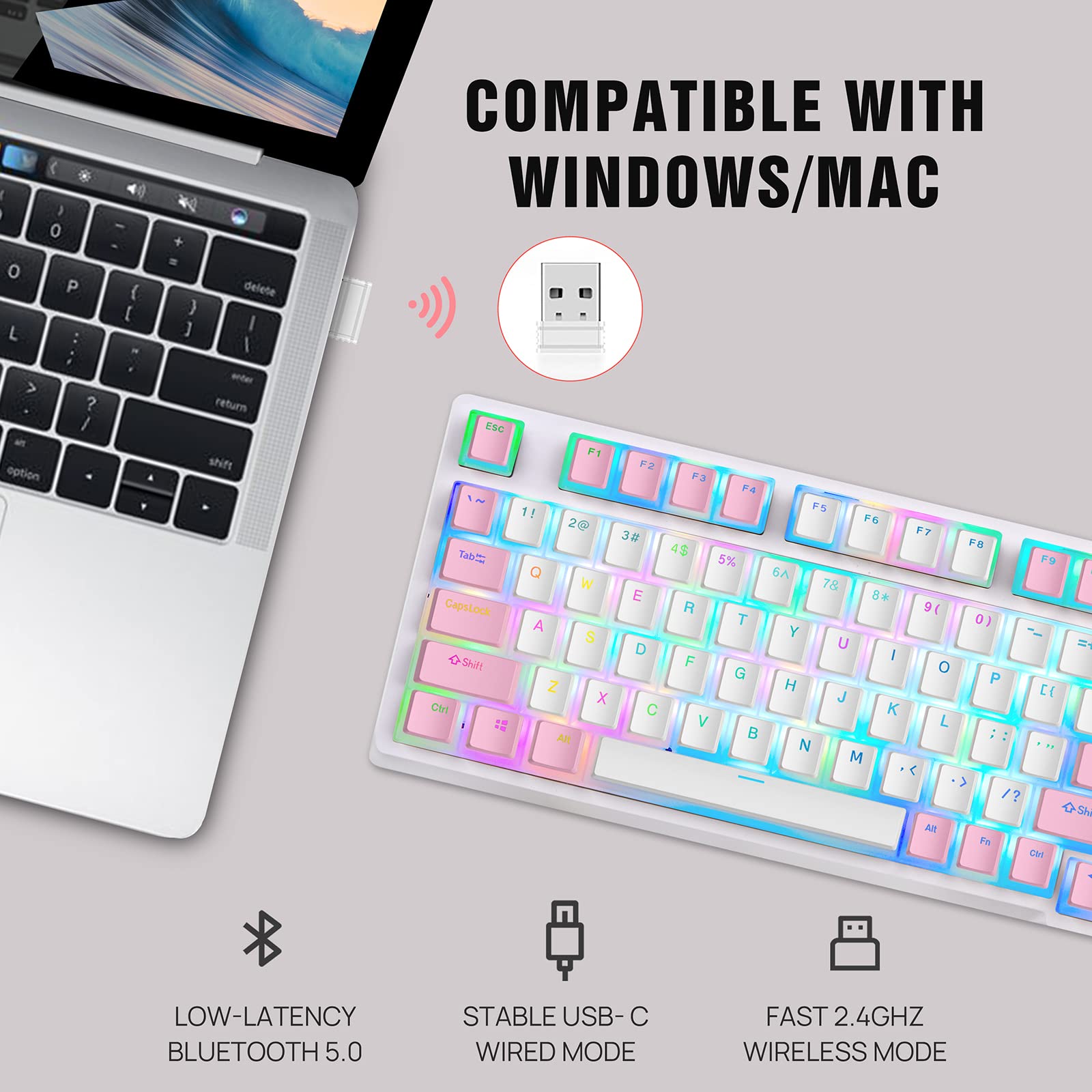 KOLMAX 98-Key RGB Hot-swappable Mechanical Gaming Keyboard, 2.4G Wireless/BT5.0/Wired with PBT Double-Shot Pudding Keycaps White-Pink Gaming Keyboard for Mac & Win Programmable Macro (Pink Switches)