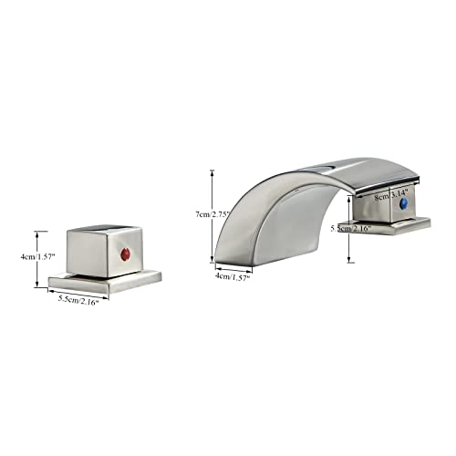 Oulantron Waterfall Widespread Bathroom Sink Faucet Bathroom Basin Sink Faucet LED with Changing 2 Handle 3 Hole Brushed Nickel Cold and Hot Water Mixer Vanity Bathroom Faucet