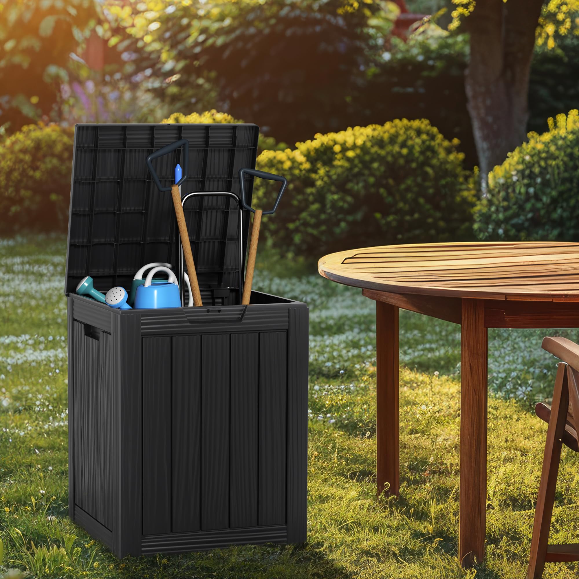 ROJIK Outdoor Storage Housing Deck Box - Waterproof Patio Furniture, Garden Tools, Cushions, Pool Accessories Storage Bench with Lockable Lid and Side Handles (Black, 45 Gal)