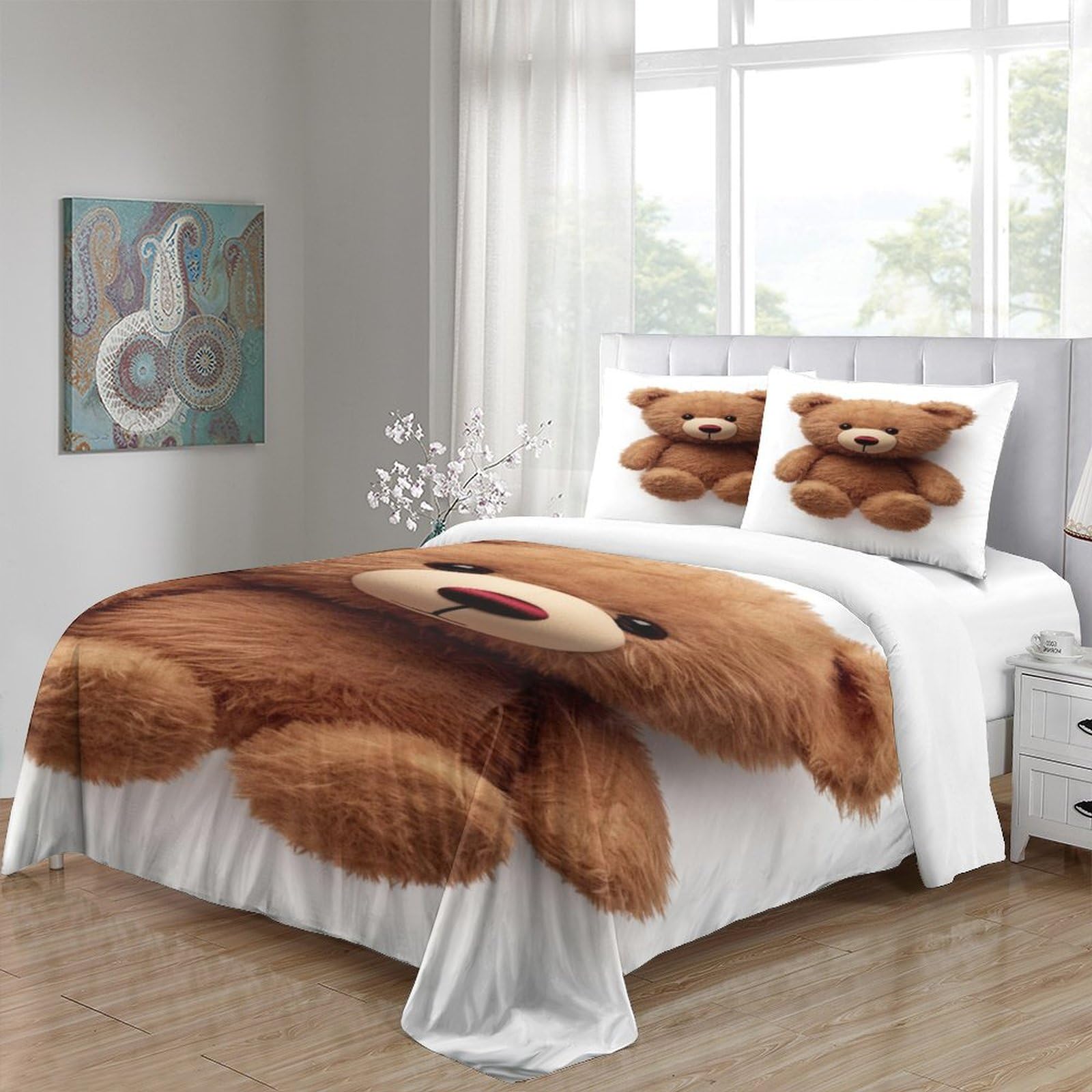 Teddy Bear Toy 3pcs 3D Bedding Set Furry Doll Duvet Cover Set Bed Printed Quilt Cover Bed Linens with 2 Pillowcases with Zipper All Season Queen(228x228cm)