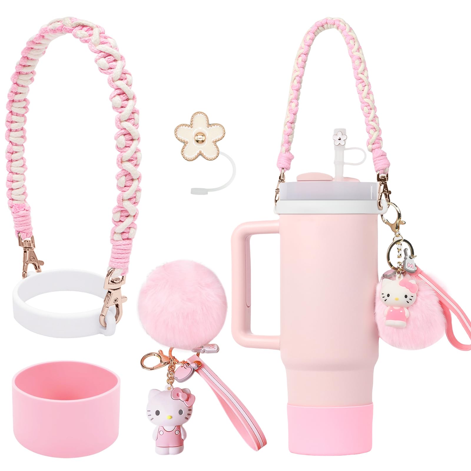 Stanley Cup Accessories Set, Cartoon Cute Kawaii Pom Pom Design Water Bottle Handle Strap, Silicone Stanley Cup Boot, Stanley Charms for Stanley Cup 30/40oz Tumble (Blue)