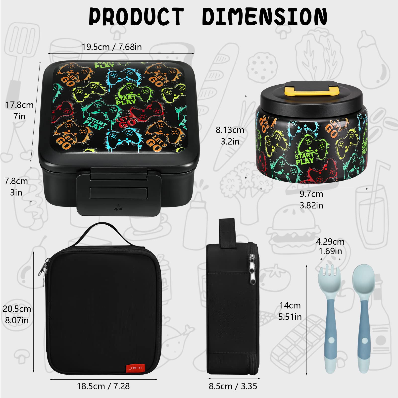 JXXM Bento Lunch Box for Kids With 8oz Soup thermo,Leak-proof Lunch Containers with 5 Compartment,thermo Food Jar and Lunch Bag, Food Containers for School (A-Black(Game Consoley))