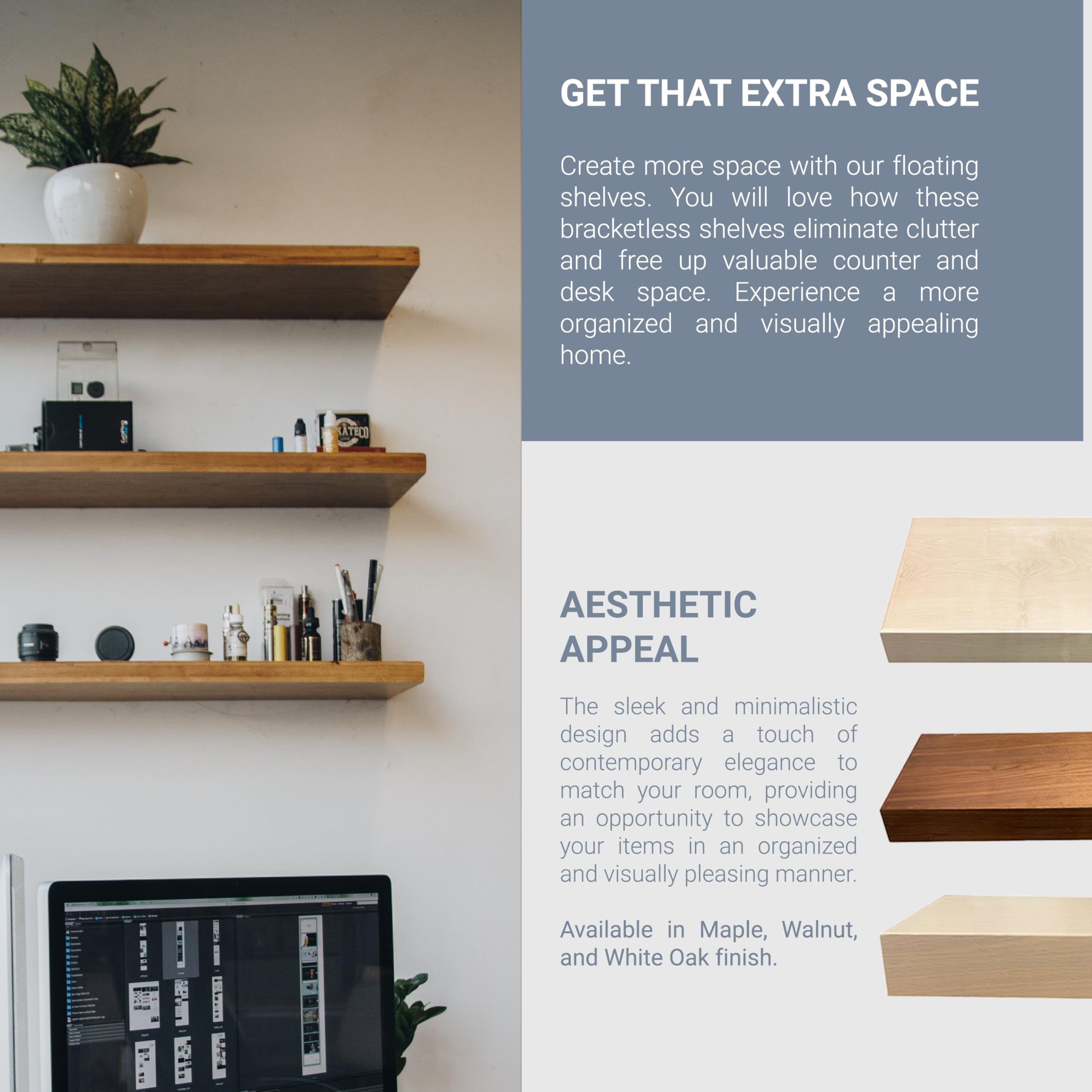 Rok Hardware Single Piece Floating Kitchen Shelf, 42 Inch (1067mm) Length x 10 Inch (254mm) Depth, Wall Mounted, White Oak Finish Floating Shelf for Bathroom, Living Room FLO42X10OAK