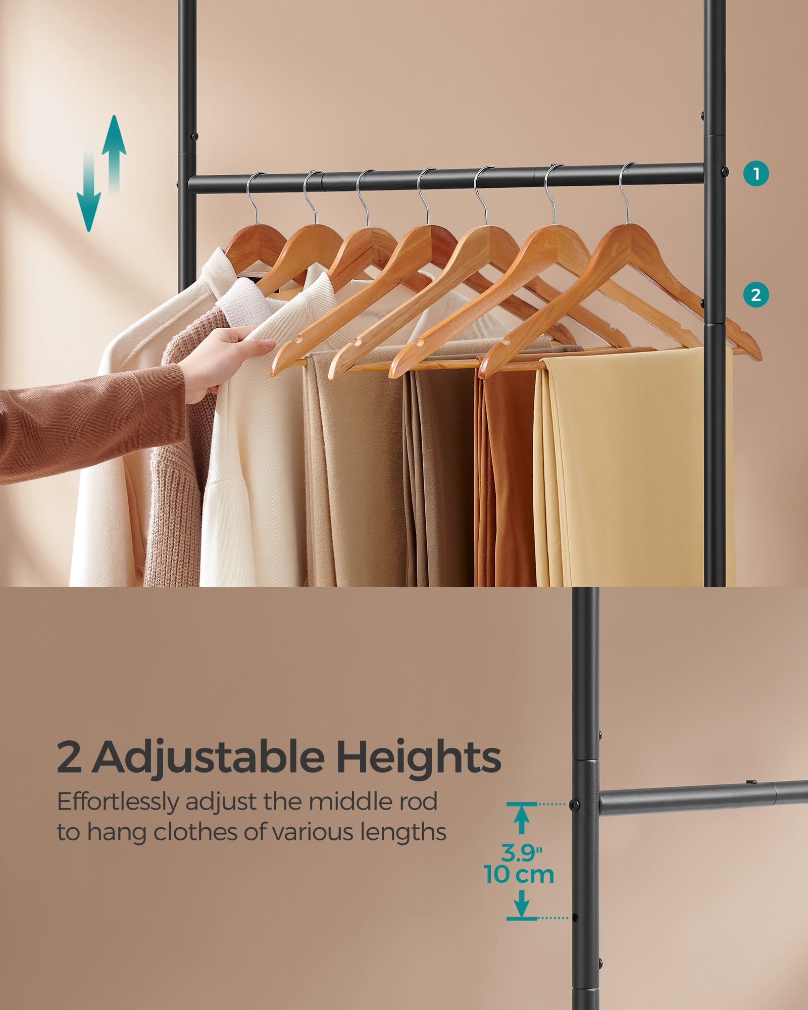 SONGMICS Clothes Rack with Wheels, Middle Rod Clothing Rack for Hanging Clothes, 38.8 Inches Garment Rack with Shelf, Height Adjustable, Loads up to 121 lb, Rustic Brown and Ink Black UHSR153B01