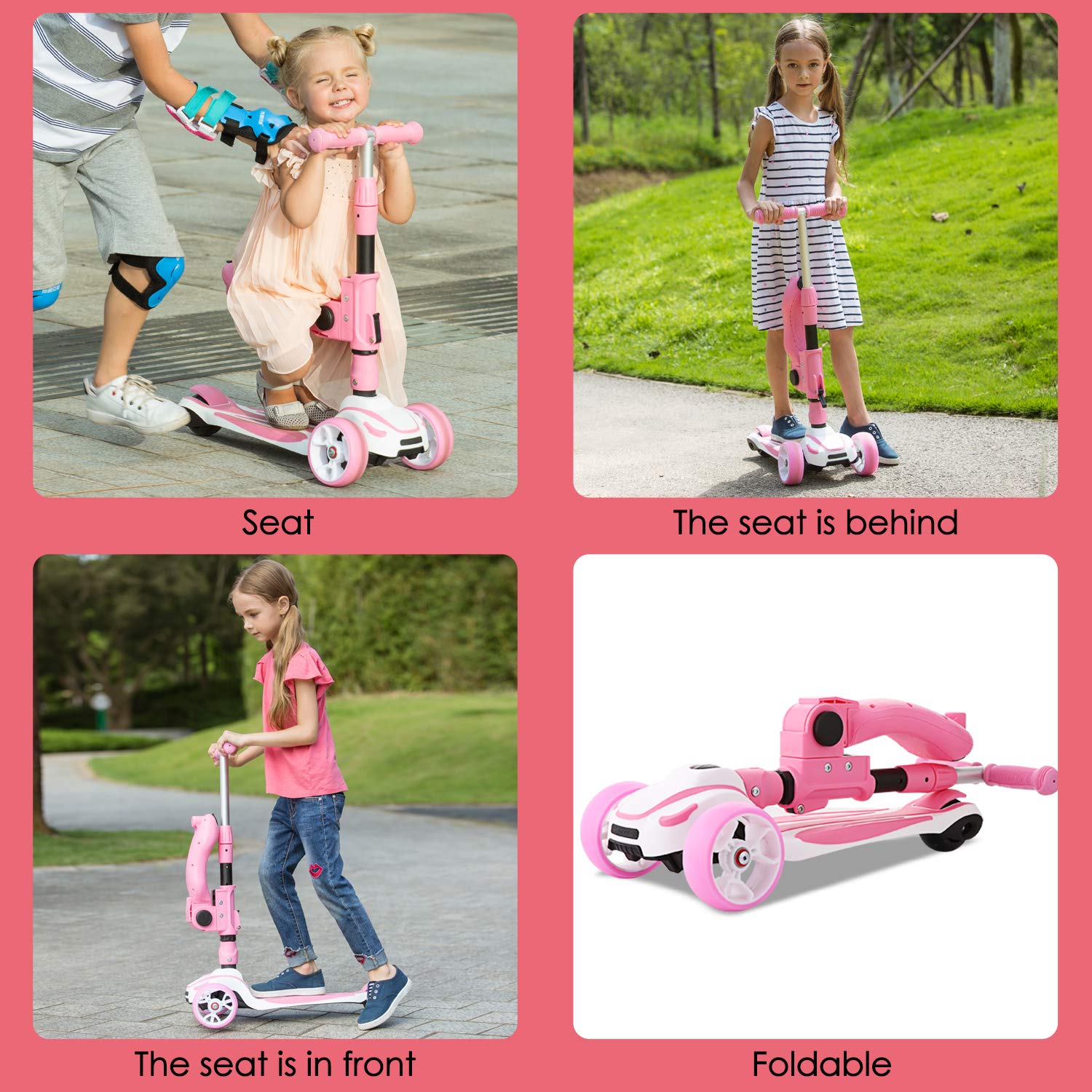 Hikole 3 Wheels Scooter for Kids with Foldable and Removable Seat – Adjustable Height, 3 LED Light Wheels, Kick Scooter for Girls & Boys 3-8 Years Old (Pink)