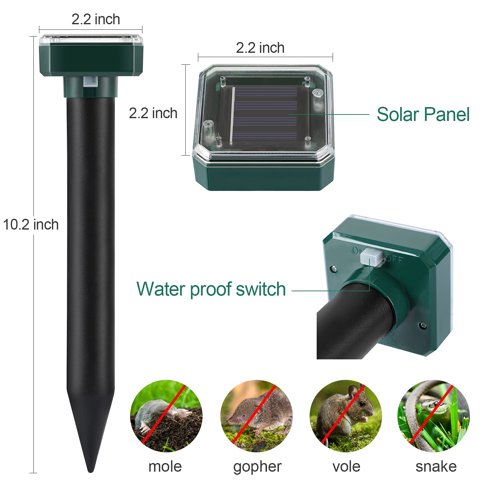 Mole Repellent Solar Powered 4 Pack,Snake Vole Repellent Outdoor, Gopher Repellent Ultrasonic Solar Powered for Lawn Garden Waterproof, Sonic Mole Spikes,Get Rid of moles Groundhog Chipmunk Repellent