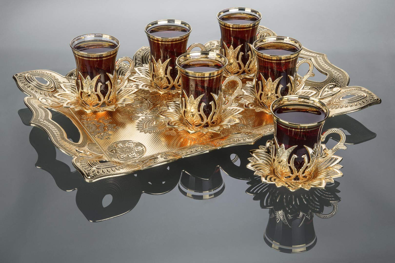 LaModaHome Golden Tea Set of 6 and Tray - Includes 6 Glasses, 6 Saucers Holders, and a Tray - VIP Special Serving Turkish Tulip - Arabic, Moroccan Coffee Sets - Cups and Mugs