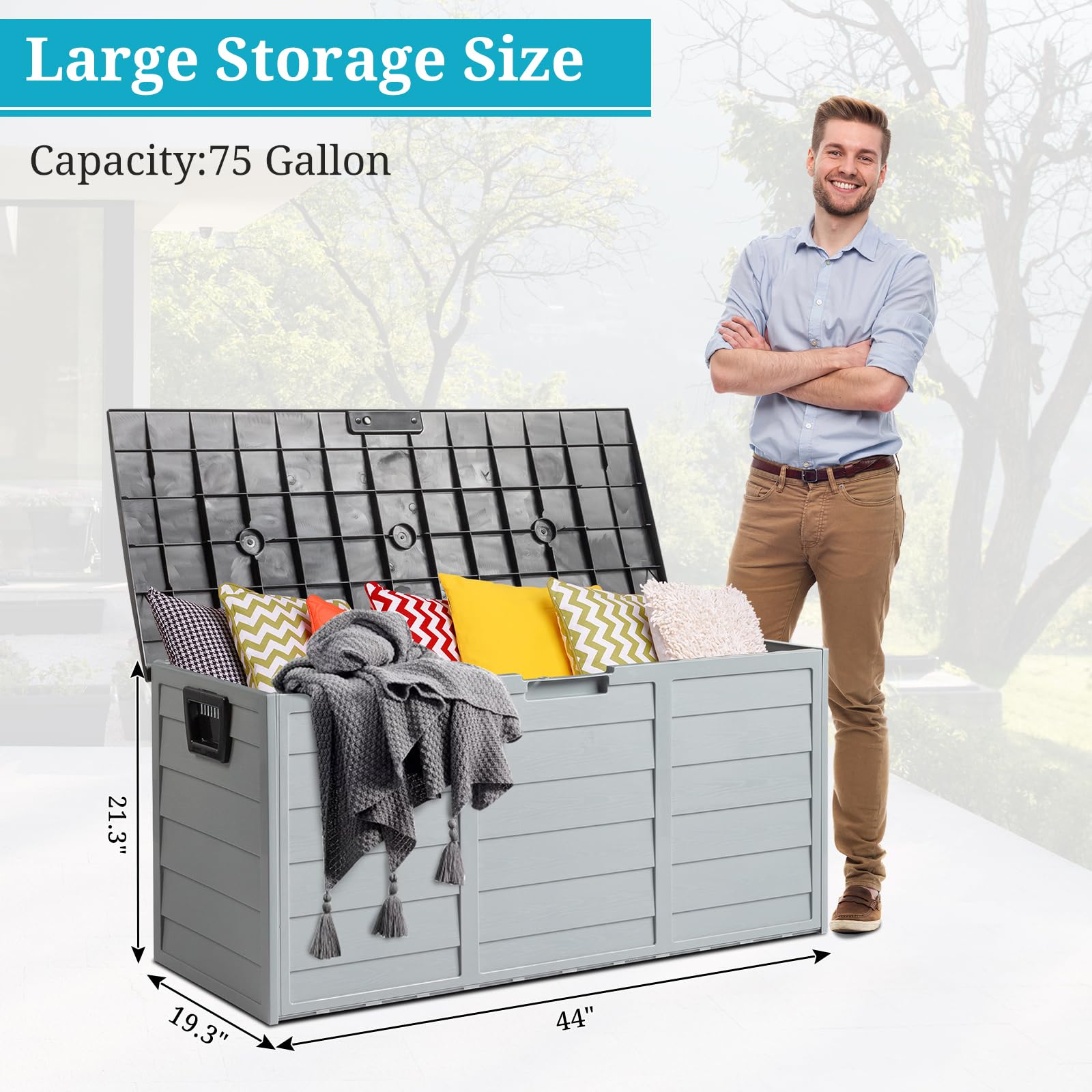 Outvita Deck Storage Box, 75 Gallon Durable Storage Container Bin Store Patio Cushions, Pool Toys and Yard Stools Outdoor Patio Garden for (Gray)