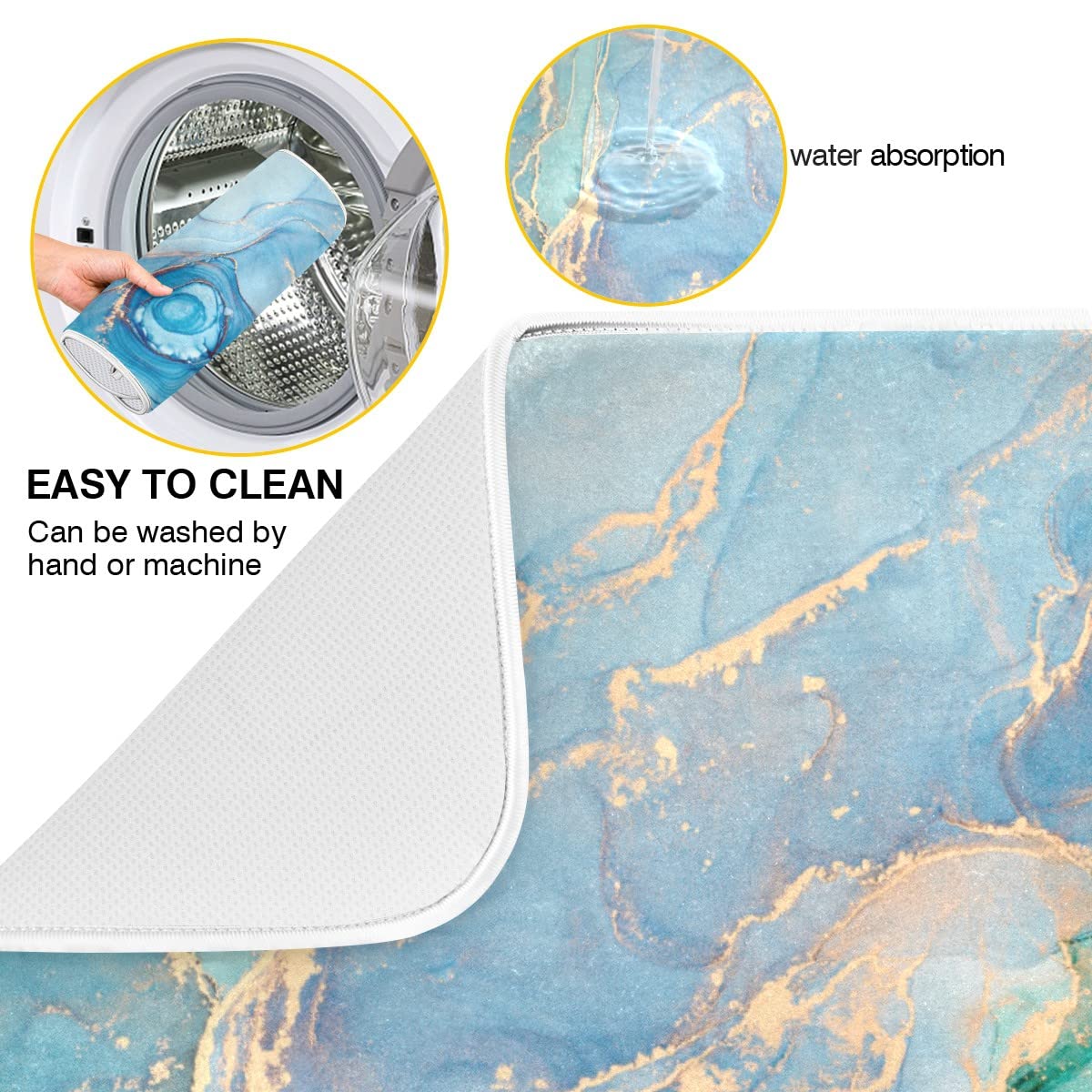 Marble Dish Drying Mat for Kitchen Counter Blue Teal Turquoise Gold Drying Mat 18 x 24 Inch with High Absorbent Reversible Microfiber Dish Drying Pad Dish Rack Pad Drainer Mat for Coffee Bar