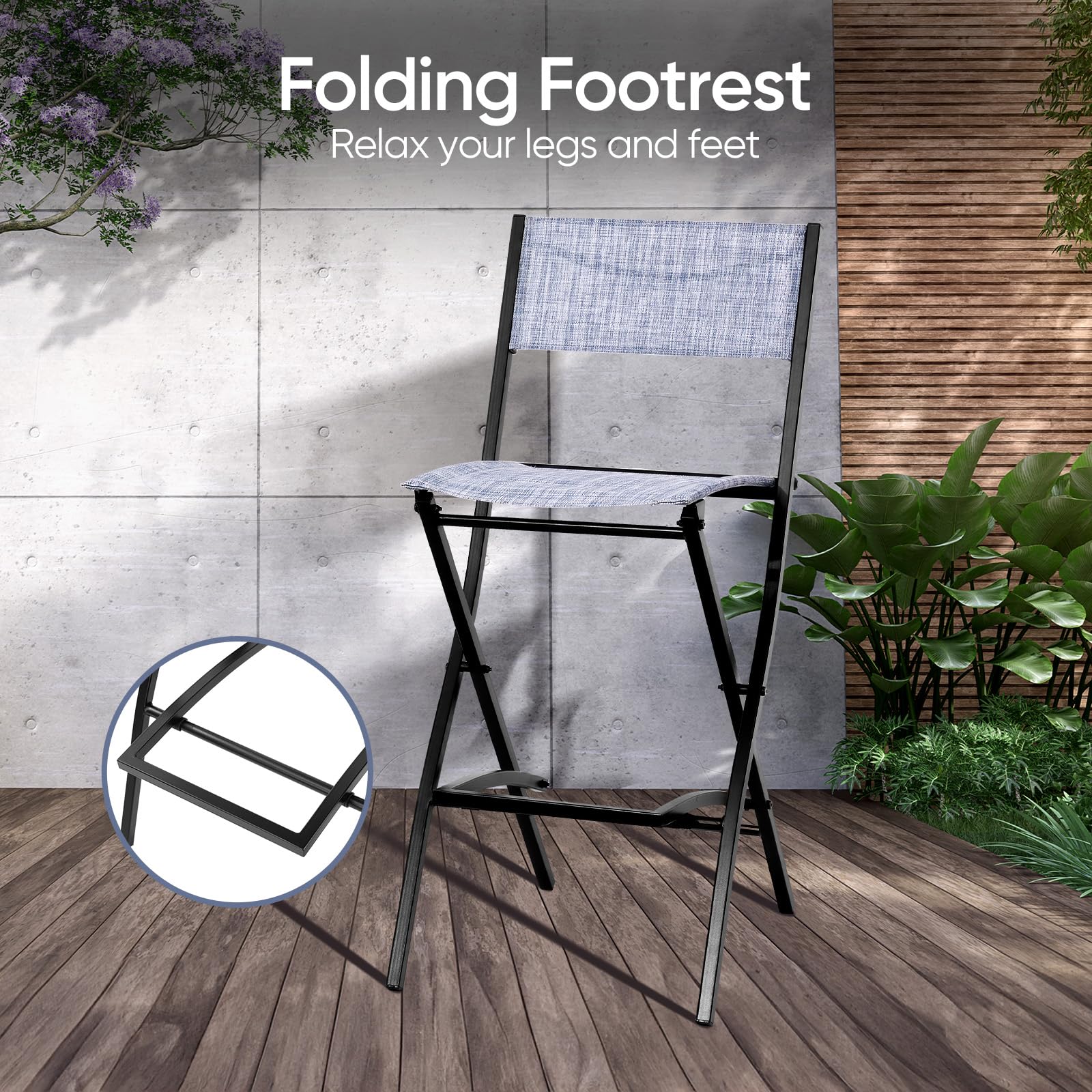 Outdoor Patio Bar Stools Set of 2, Folding Counter Height Stool with Footrest and Heavy-duty Metal Frame, Outdoor Bar Chairs with Breathable Textilene Fabric, Patio Bar Sets for Balcony, Poolside