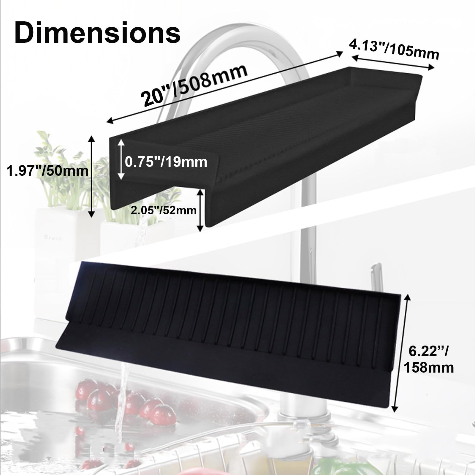 Silicone Sink Edge Protector & Splash Guards for Kitchen Sink Bathtub Sink, Upgrade 5° Multifunction Silicone Sink Protector Countertop Protectors - 20" x 4" Sink Protector (Black)