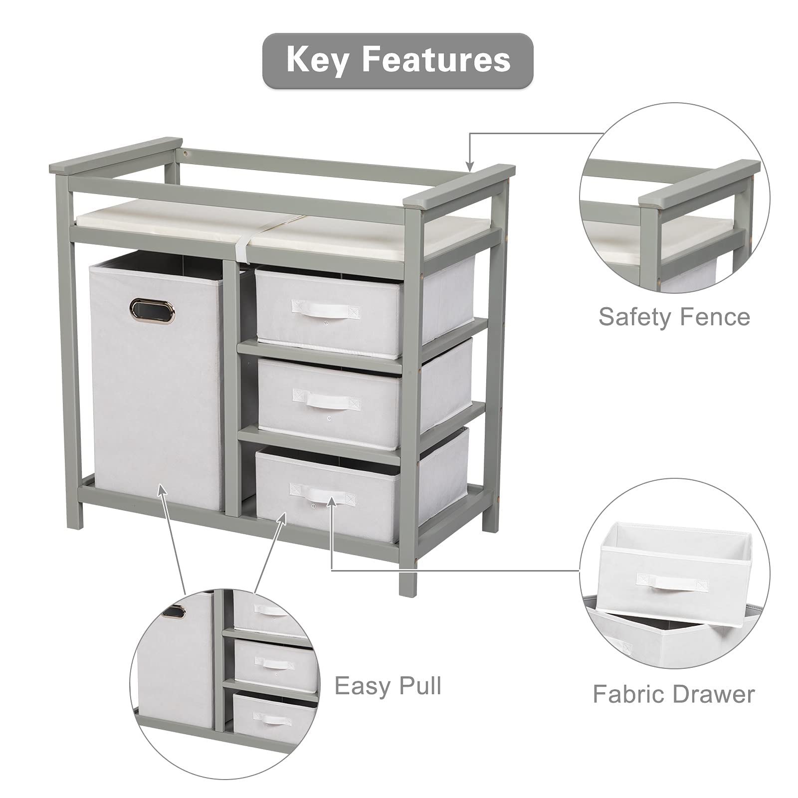Kinsuite Baby Care Table - Diaper Changing and Clothes Table, with Storage Cloth Drawer and Dirty Clothes Basket, Including Cushion, Safe and Comfortable, Grey