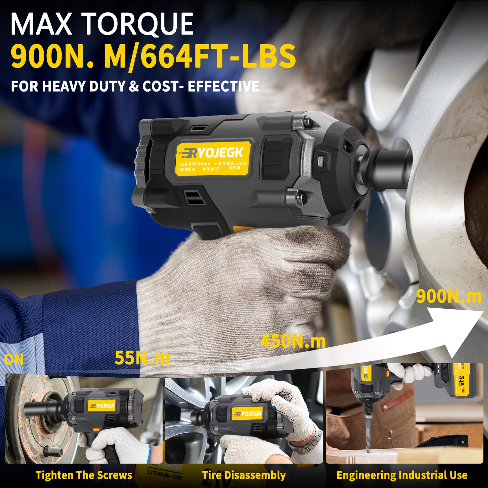RYOJEGK 900Nm Cordless Impact Wrench,664FT-lbs High Torque Bru
