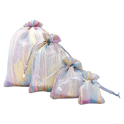 TheDisplayGuys - 96-Pack Striped Weave Organza Gift Bags with Drawstrings - Small 3" x 4" - Iridescent - for Party Favors, Samples,Treats