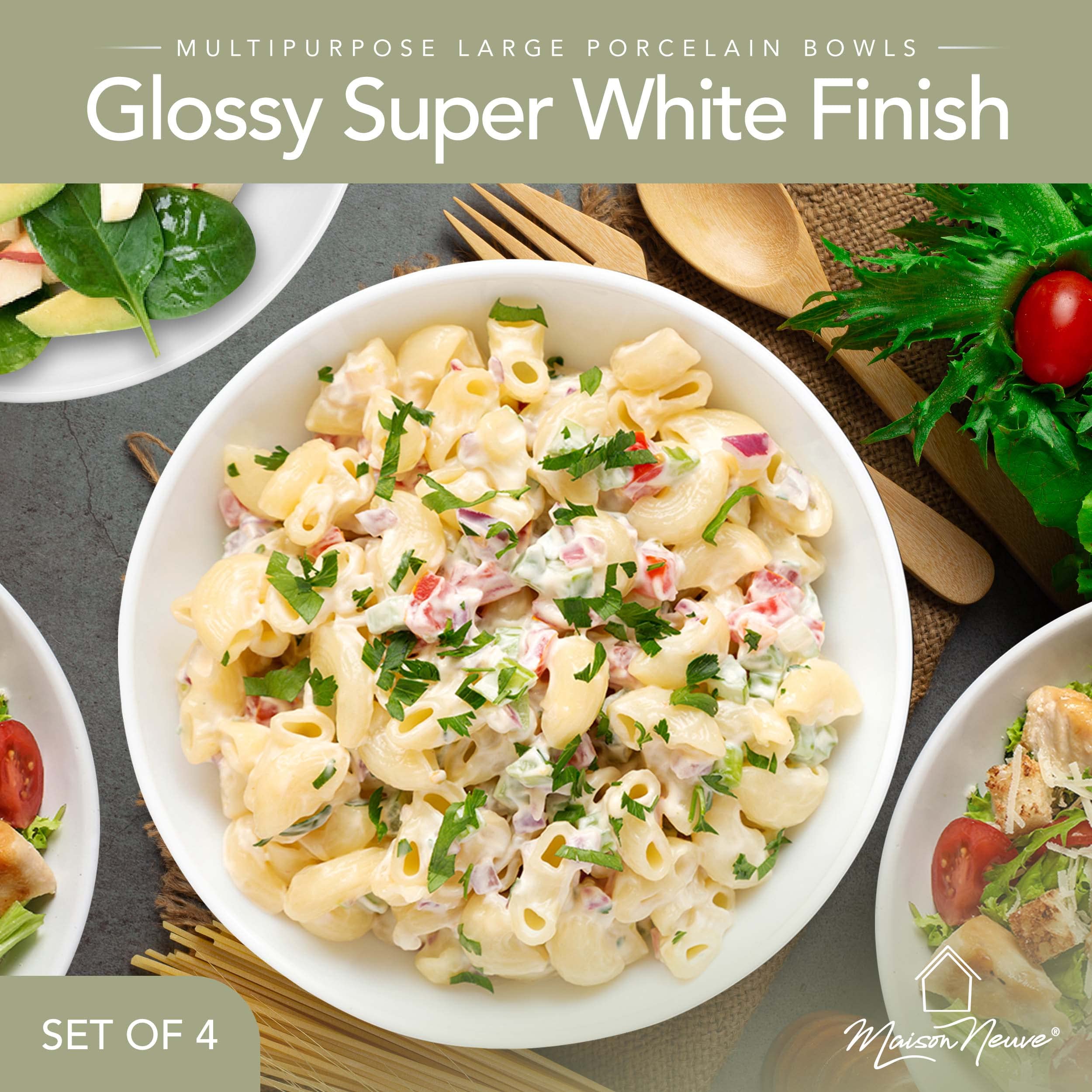 Maison Neuve Premium Porcelain White Dinner Bowls [Set of 4]- 40oz Dinnerware Kitchen Bowls For Soups, Noodles, Pasta, Salads, Desserts- Durable Dishwasher-Safe 9” Serving Bowls- Super White
