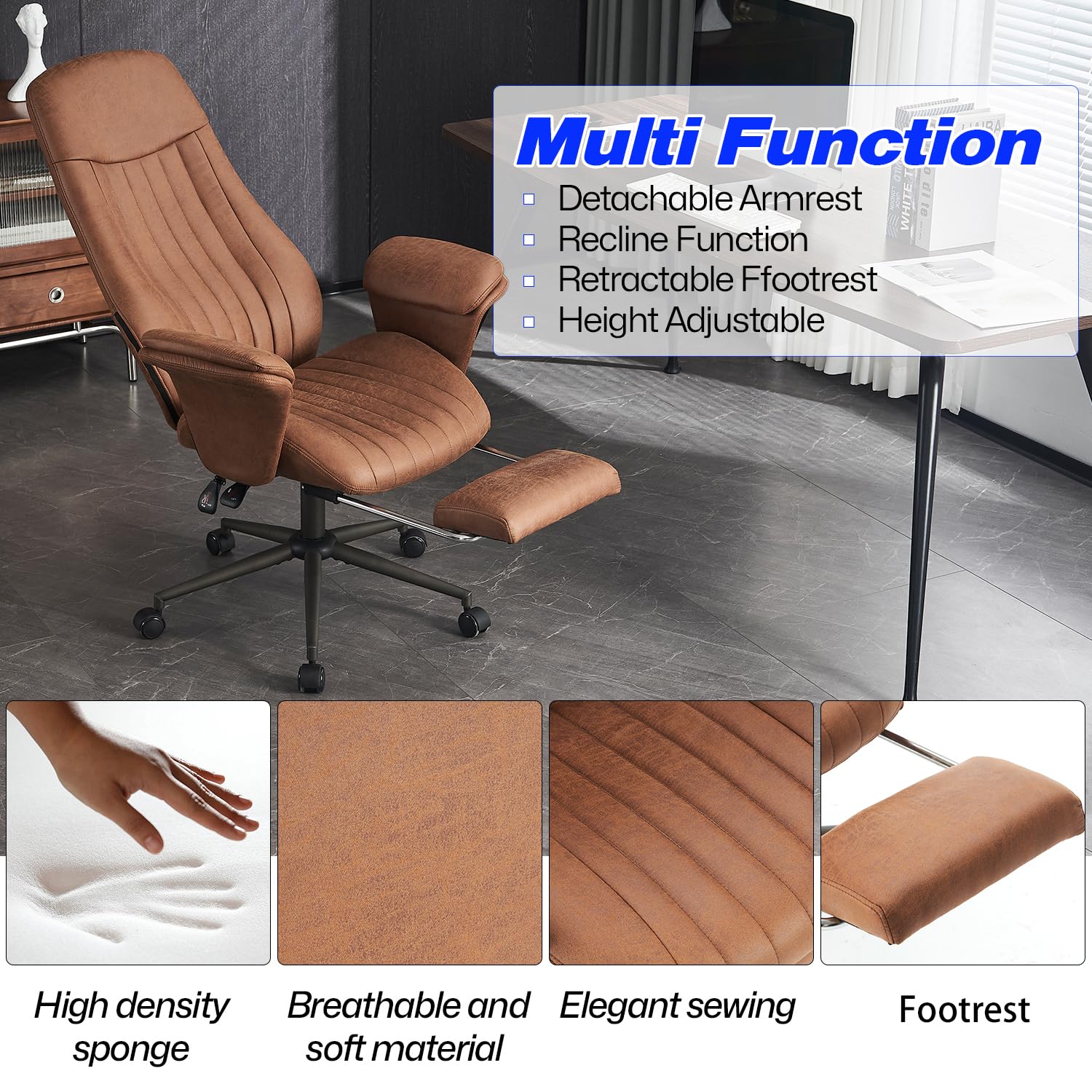 Tall Home Office Desk Chair with Ottoman, High Back Ergonomic Office Chair with Arms, Height Adjustable Swivel Modern Task Chair, Executive Desk Chair, Computer Chair for Living Room(Coffee)
