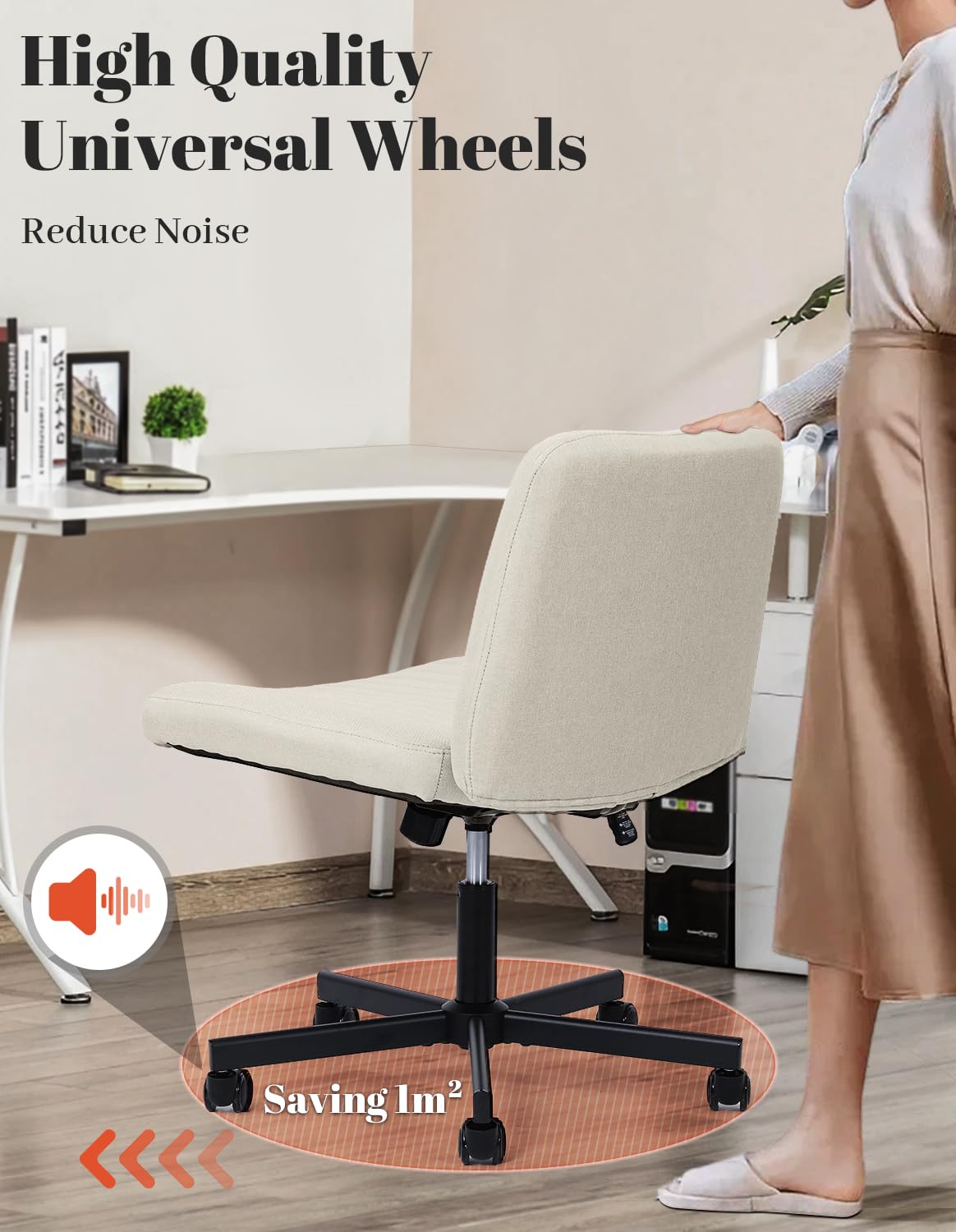 Murago Criss Cross Chair with Wheels, Extra Wide Cross Legged Office Desk Chair, Plus Size Swivel Vanity Chair, Height Agjustable Chair, Beige