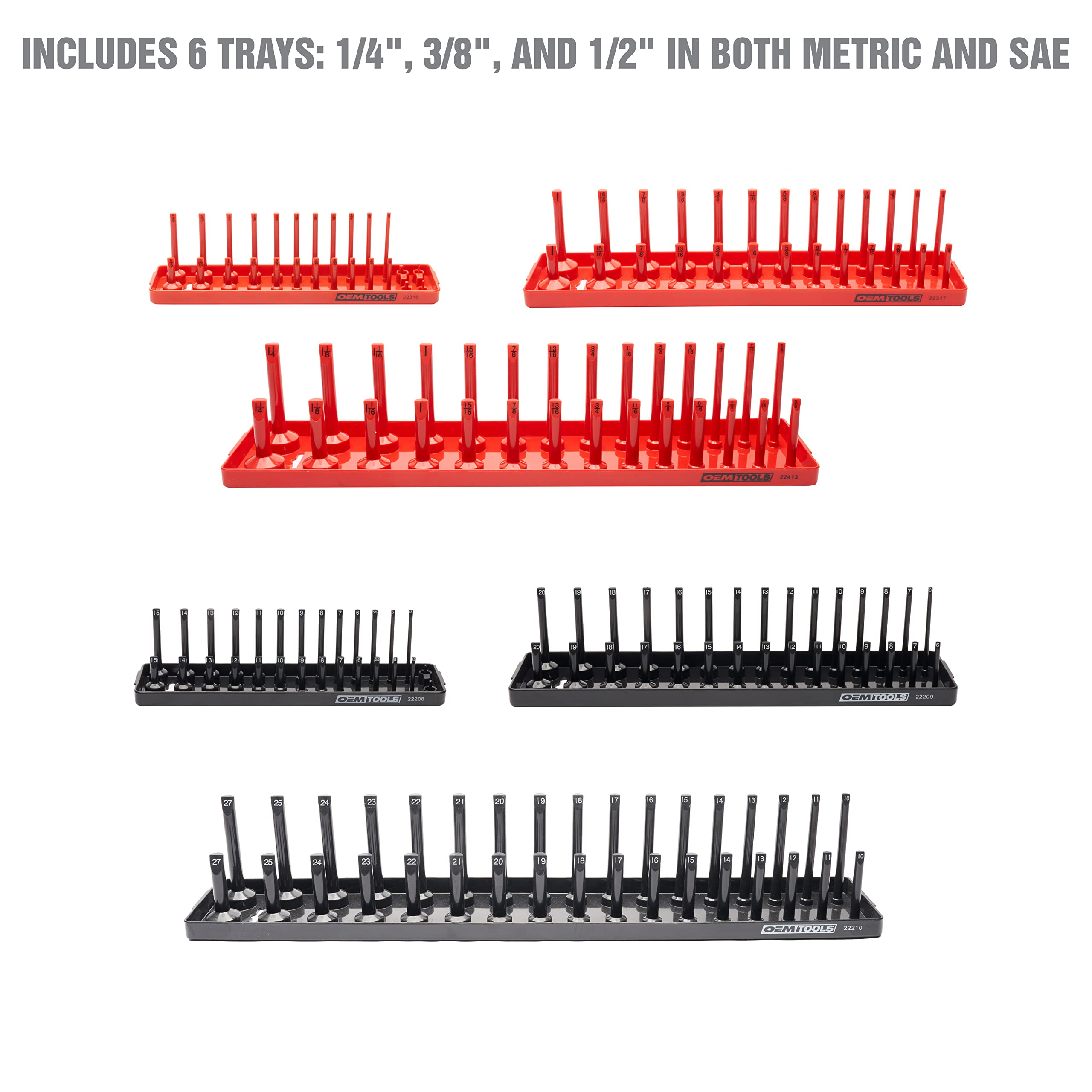 OEMTOOLS 22234 6 Piece SAE and Metric Socket Tray Set, SAE and Metric Socket Storage for Sizes 1/4", 3/8β, and 1/2" Drive, Socket Holders and Socket Organizer Tray for Toolbox, Red and Black