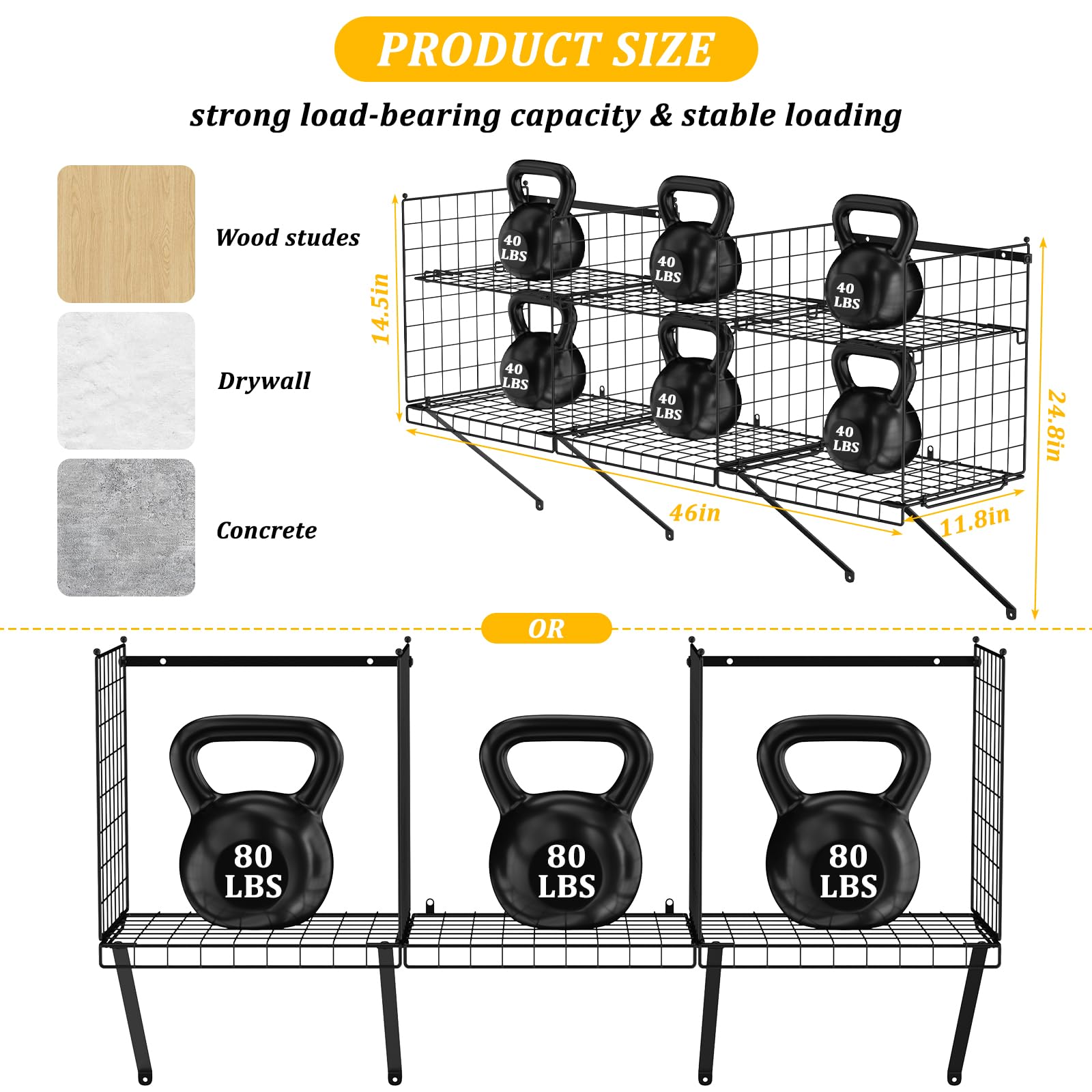 X-cosrack 3 Pack Wire Shelves Wall Mounted with with Height-Adjustable Shelf, 2 Tier Closet Wall Shelves with Wire Storage Baskets for Closet Garage Laundry Room Organization and Storage