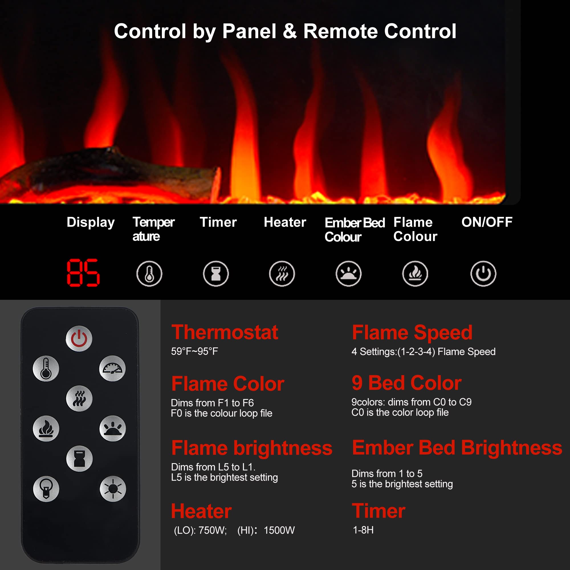 KEGIAN 50" Electric Fireplace, Wall Mounted and Recessed Electric Fireplace Inserts with Remote Control, Adjustable Flame Color, 750w/1500w, Black…