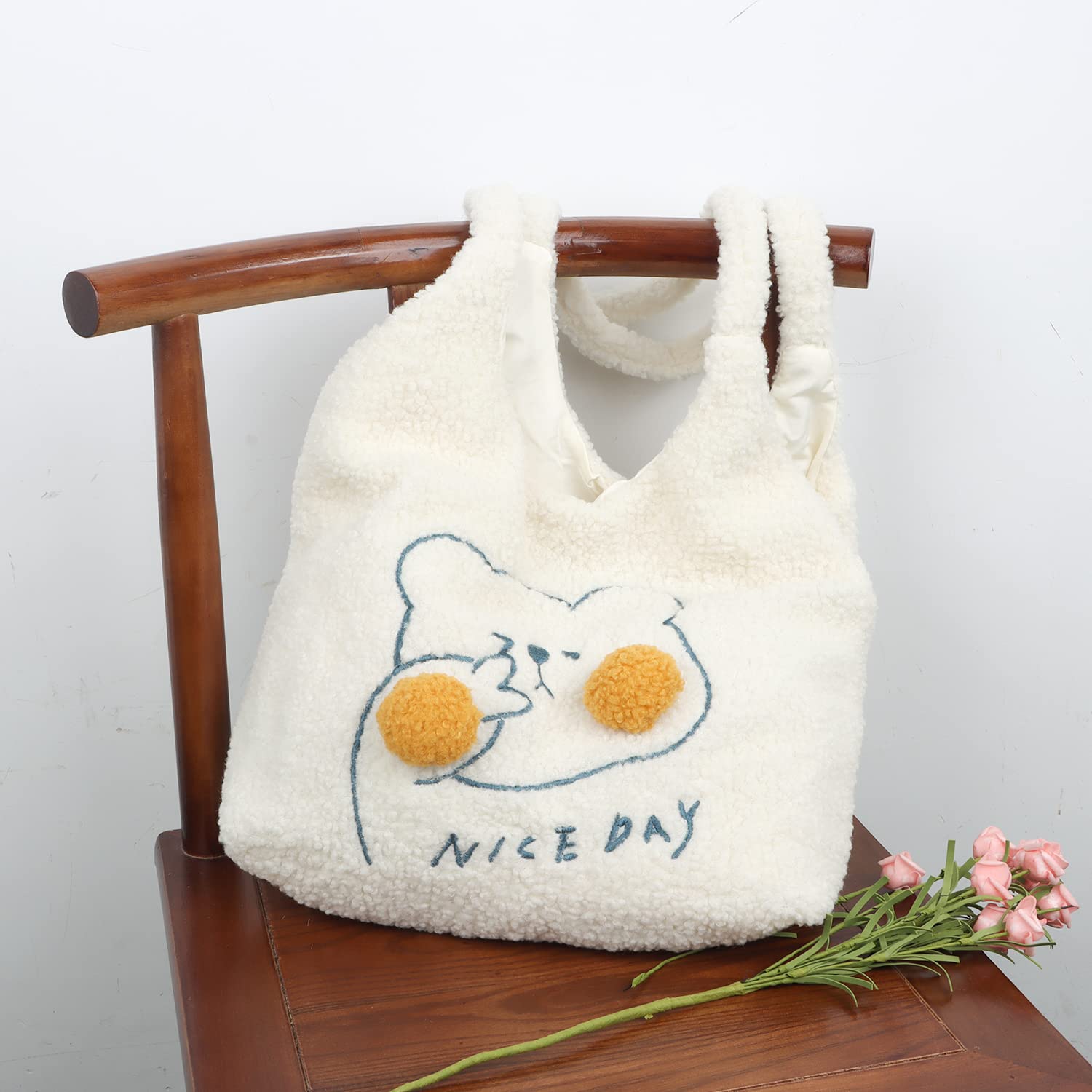 KUANG! Teddy Plush Shoulder Handbag Purse Cute Bear Fluffy Tote Plush Handbag Faux Lambs Wool Large Shopping Bag