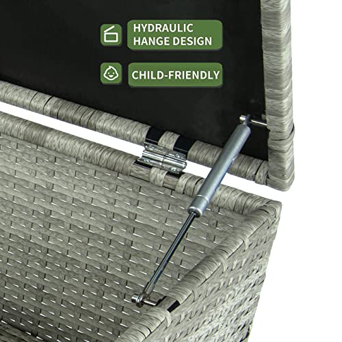 Outdoor 110 Gallon Rattan Deck Box, Wicker Patio Storage Cabinet Waterproof Storage Double Openable Door Cabinet Rattan Storage Deck Box with Lid and Separate Storage Shelf for Garden, Patio, Porch, Yard, can Store Cushions, Tools, Toys,Gray
