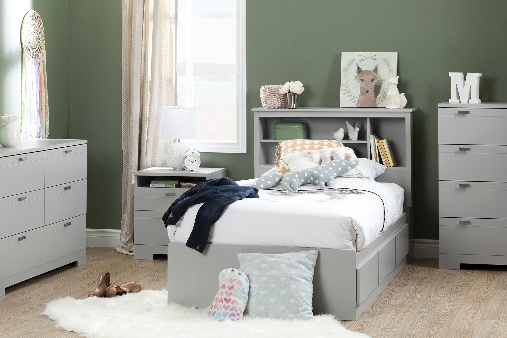 South Shore 39" Reevo Bookcase Headboard, Twin, Soft Gray