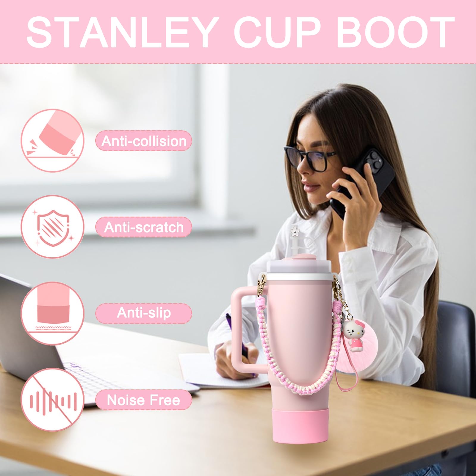 Stanley Cup Accessories Set, Cartoon Cute Kawaii Pom Pom Design Water Bottle Handle Strap, Silicone Stanley Cup Boot, Stanley Charms for Stanley Cup 30/40oz Tumble (Blue)