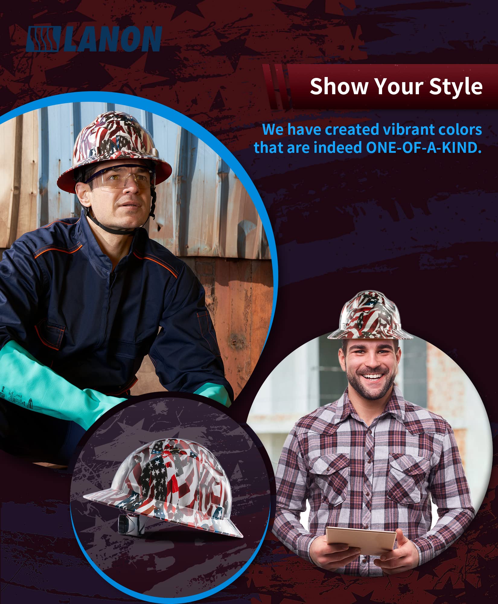 LANON Full Brim Hard Hat, OSHA Construction Work Approved, Premium Charcoal Gray Design, FRP Safety Helmet with 4 Point Adjustable Ratchet Suspension, Class C