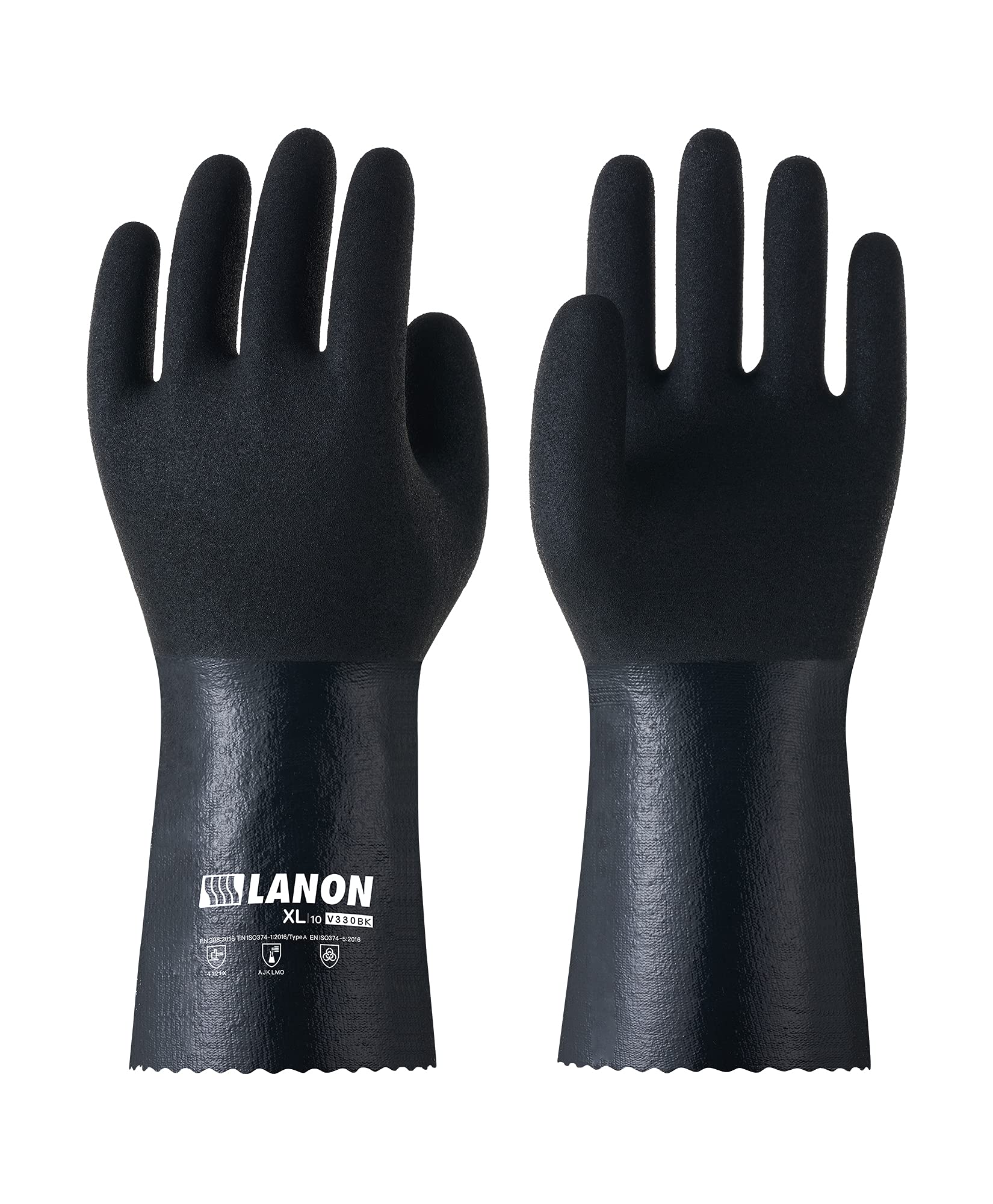 LANON Nitrile Chemical Resistant Gloves, Reusable Heavy-Duty Rubber Gloves with MicroFoam Textured Palm, Acid, Alkali and Oil Protection, Black, Large