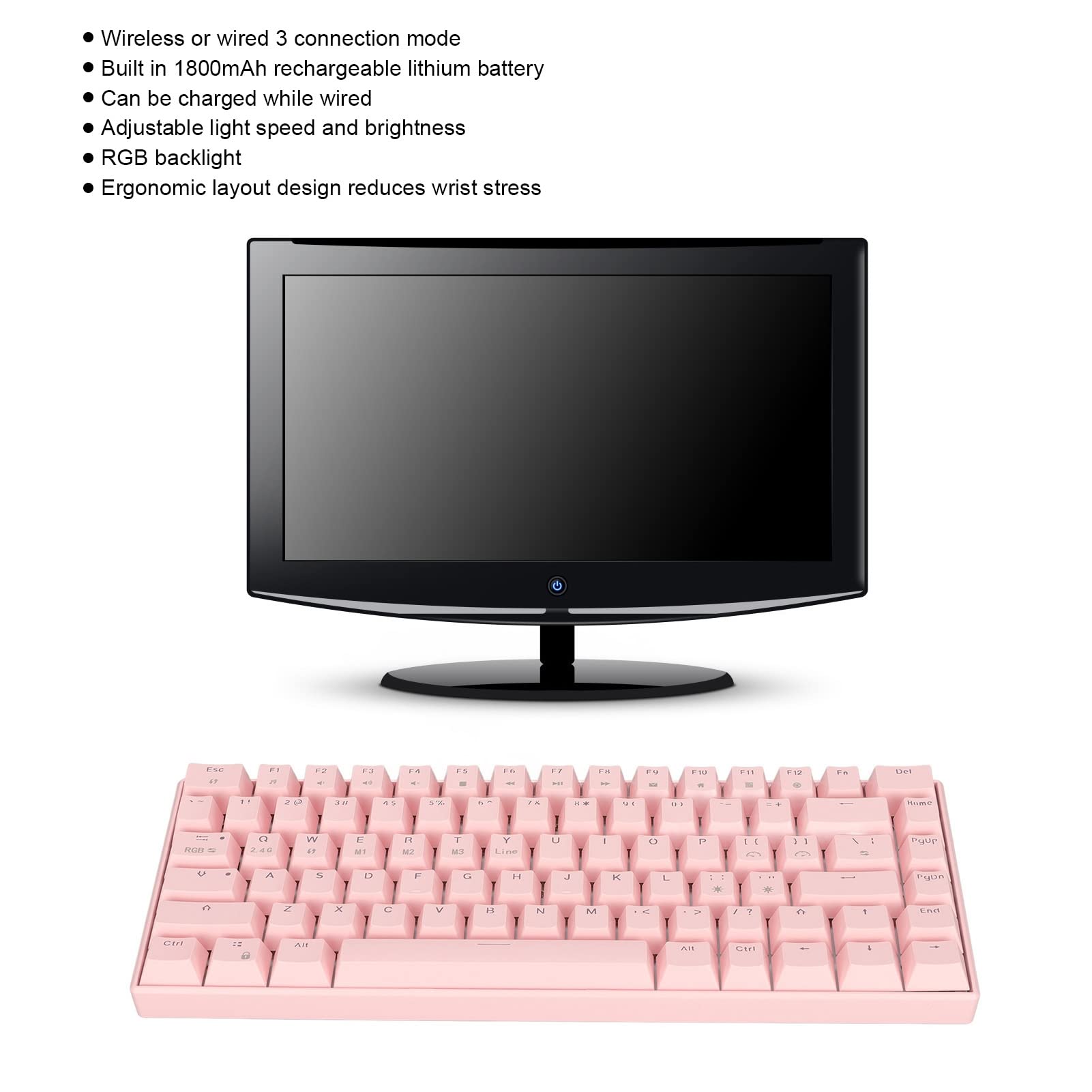 Mechanical Keyboard 82 Key, 3 Connection Modes RGB Backlight Keyboard, Ergonomic Pink Gaming Keyboard for Office, Supports 2.4G Wireless, Bt 3.5/5.0 and Type C Wired Connection (Linear Action Switch)